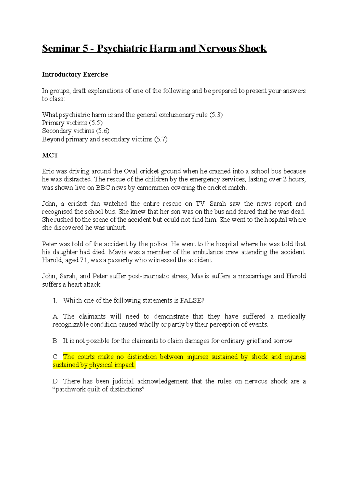 Seminar 5 nervous shock - Seminar 5 - Psychiatric Harm and Nervous ...