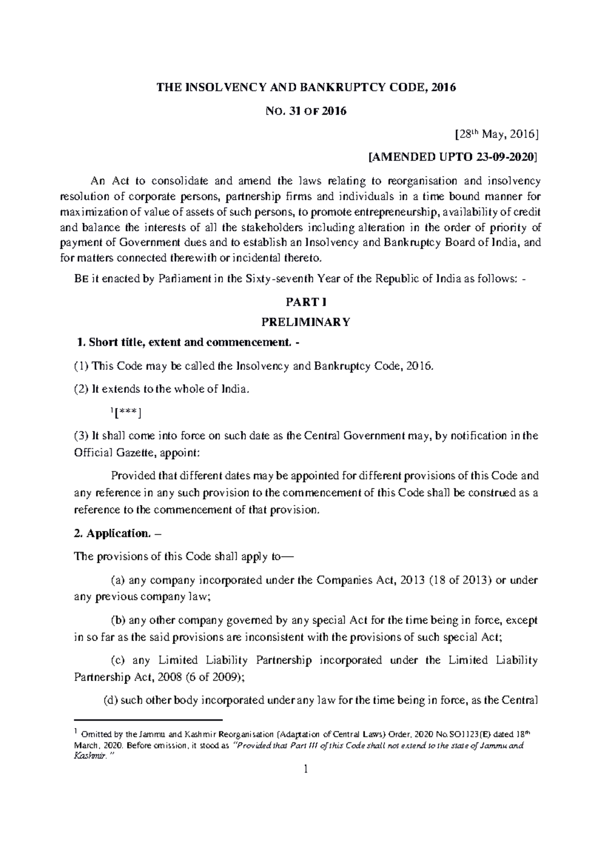 IBC Act as on 23 - Full scope of IBC - THE INSOLVENCY AND BANKRUPTCY ...