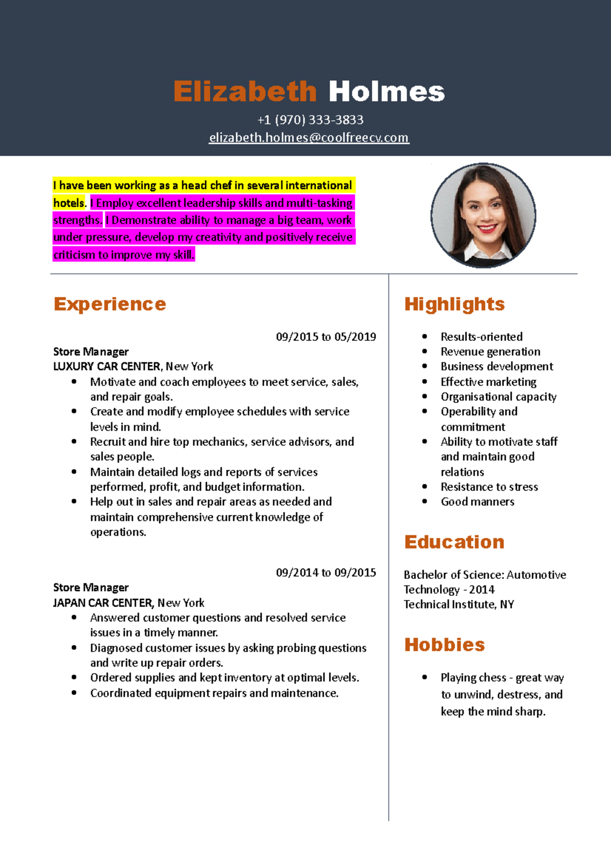 CV 2 - Example - Elizabeth Holmes +1 (970) 333- elizabeth@coolfreecv I ...