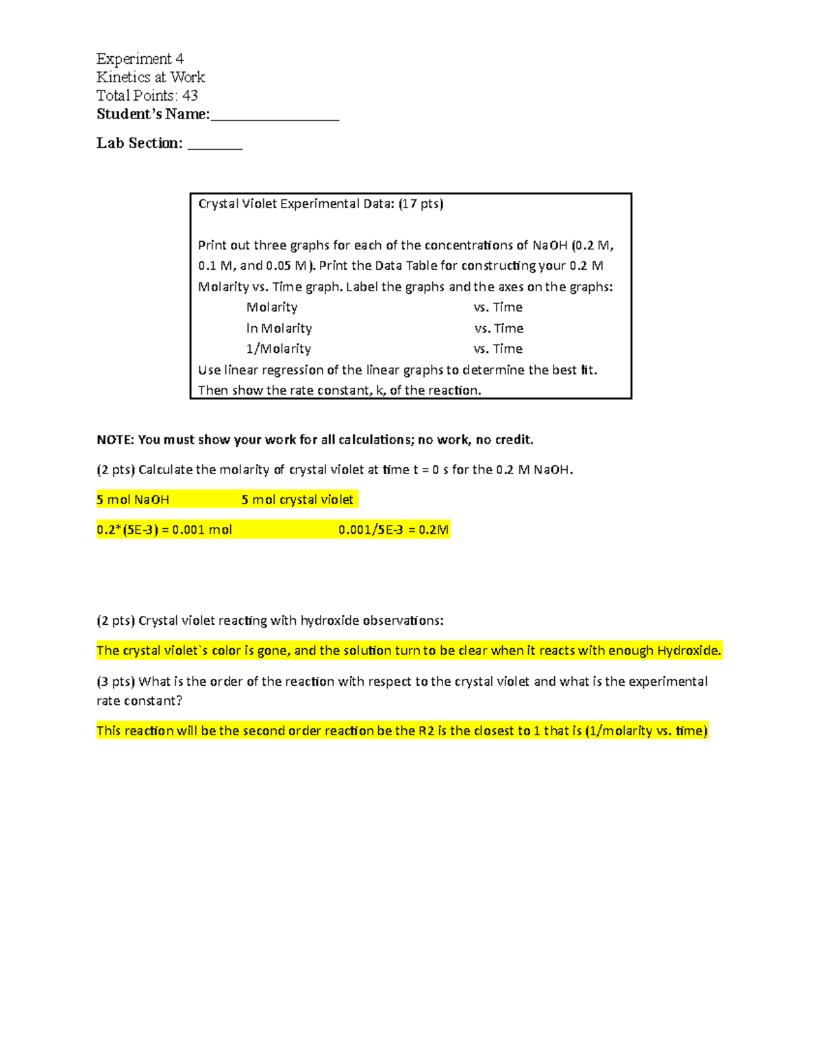 Kinetics at Work - Lab report - Kinetics at Work Total Points: 43 ...