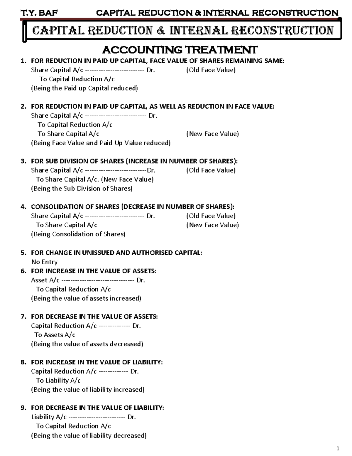 Internal Reconstruction College - CAPITAL REDUCTION & INTERNAL ...