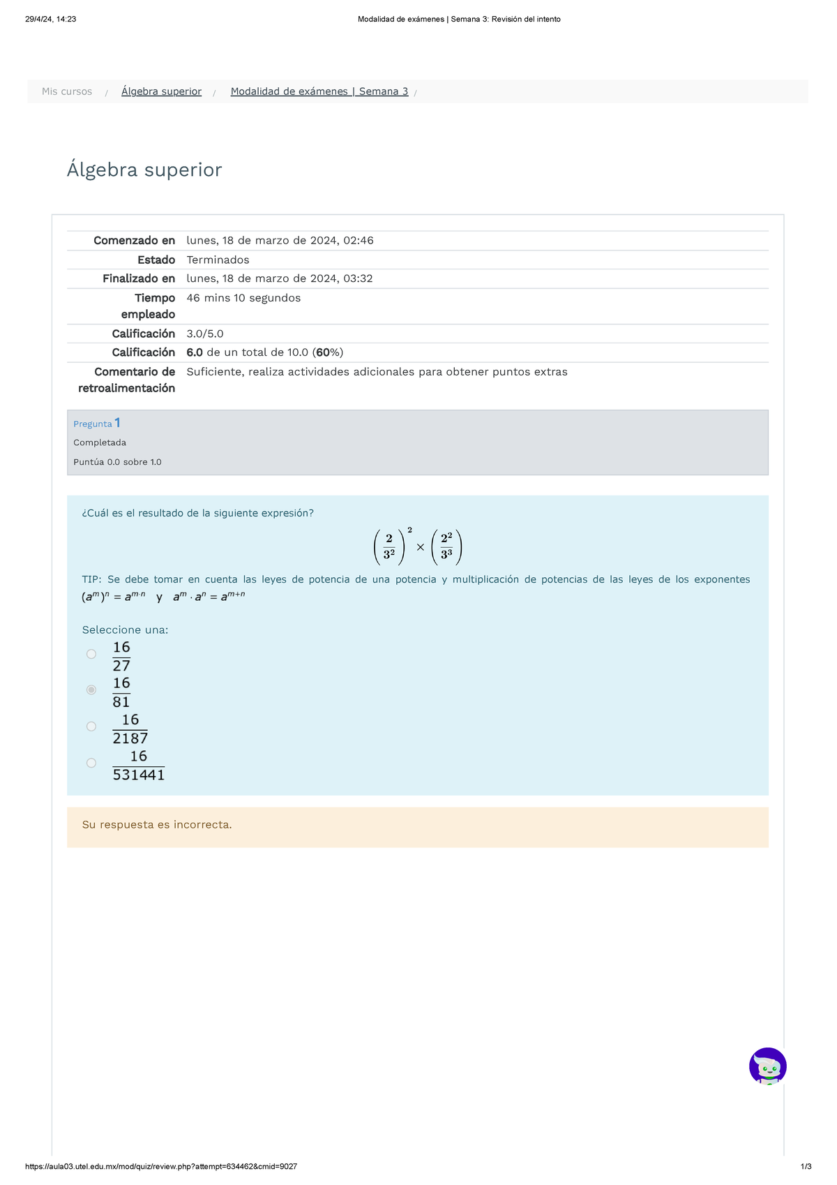 Álgebra superior Examen 3 - Álgebra superior Comenzado en lunes, 18 de ...