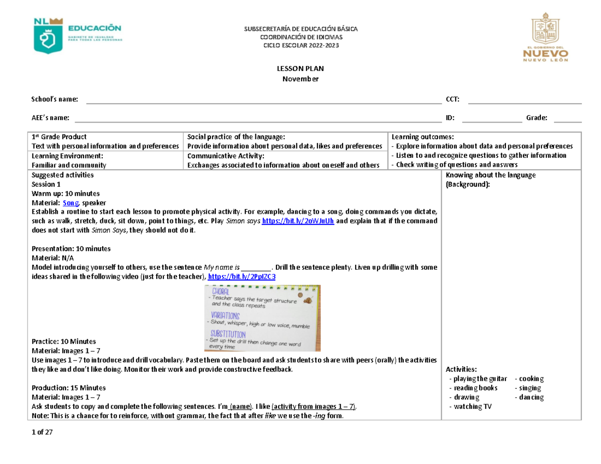 1st Grade Lesson Plan November - SUBSECRETARÍA DE EDUCACIÓN BÁSICA ...
