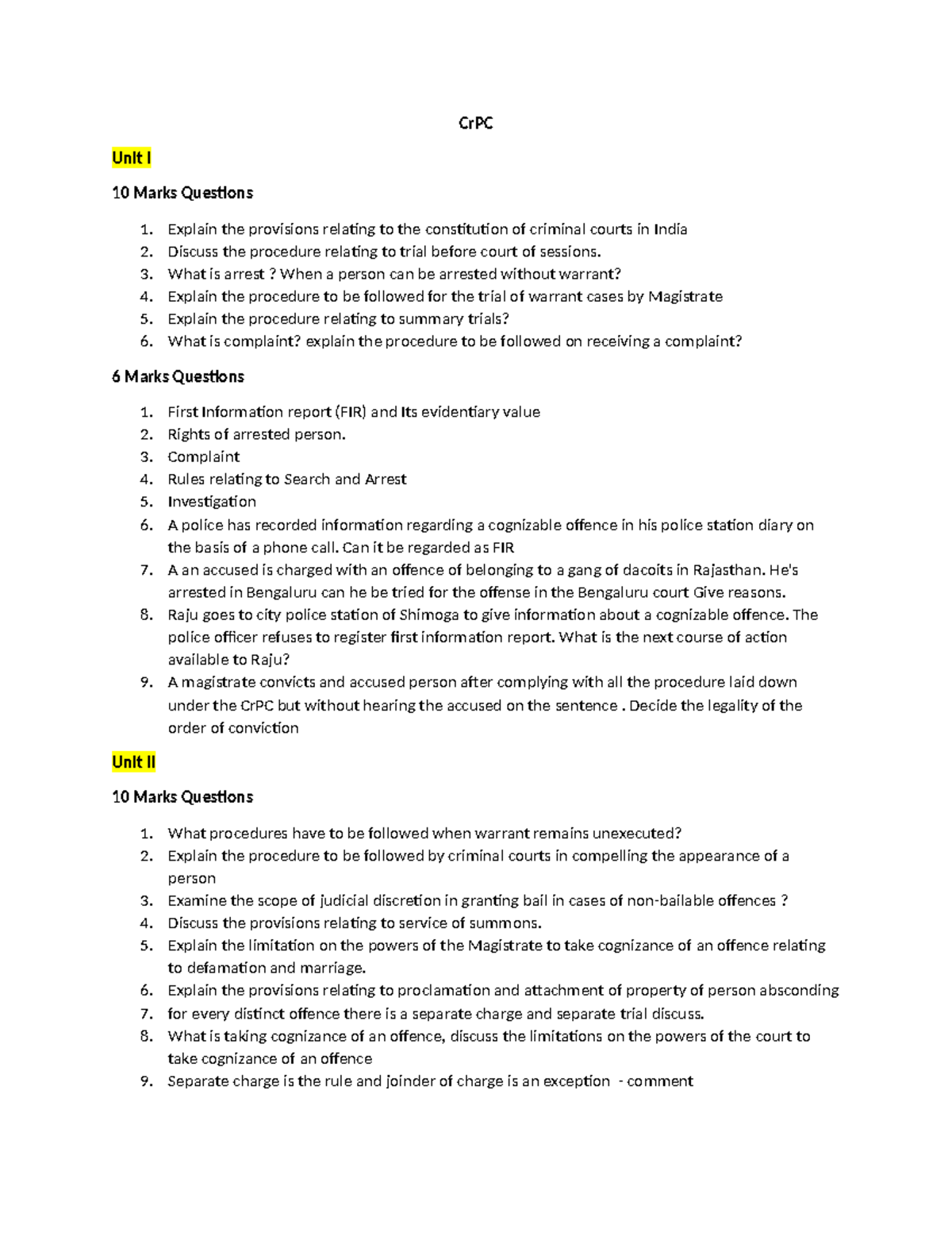 CRPC Questions - CrPC Unit I 10 Marks Questions Explain the provisions ...