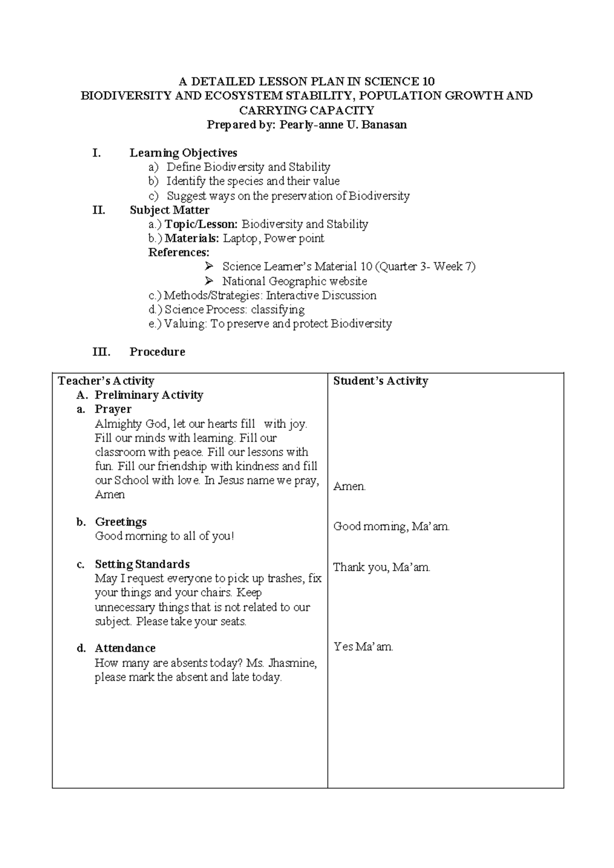 Biodiversity Lesson plan - A DETAILED LESSON PLAN IN SCIENCE 10 ...
