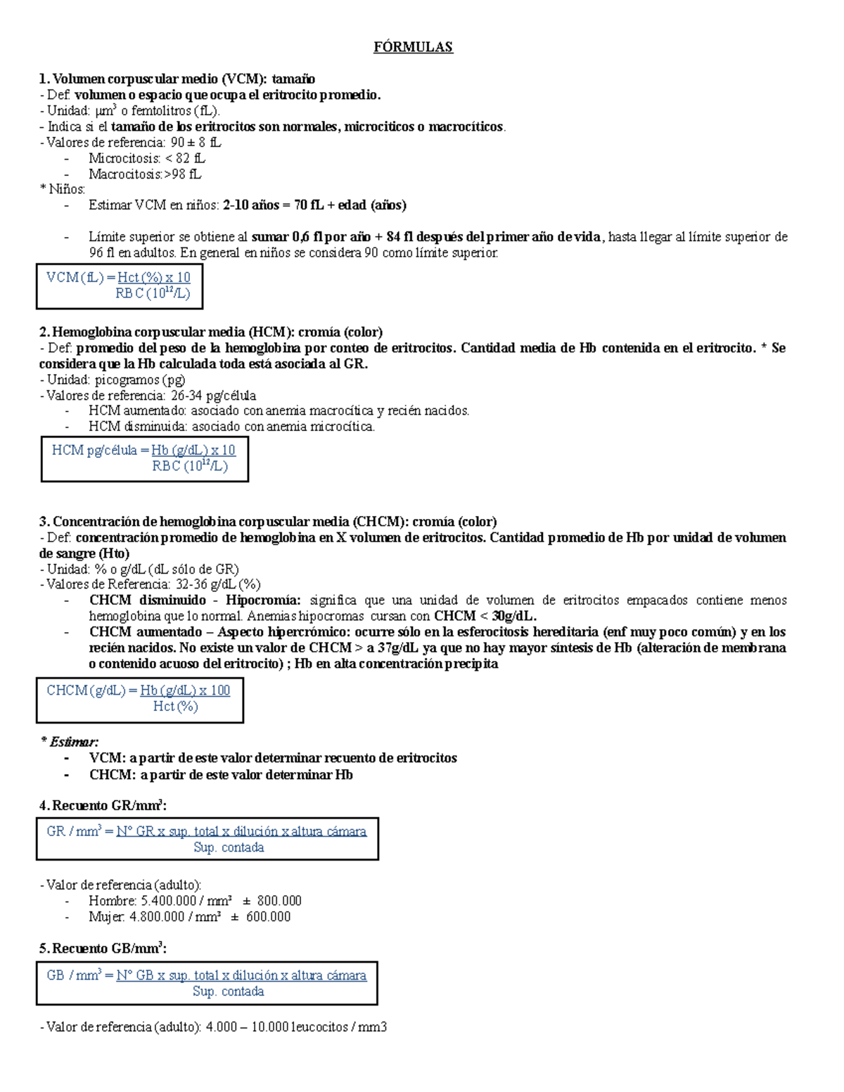 Resumen TODO F RMULAS 1 Volumen Corpuscular Medio VCM Tama o