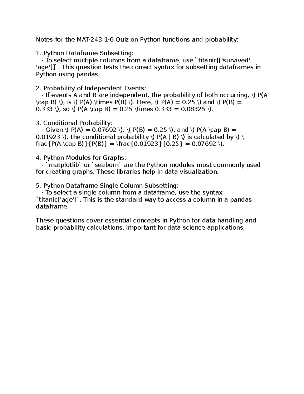 Notes Mod1 Quiz - Notes for the MAT-243 1-6 Quiz on Python functions ...