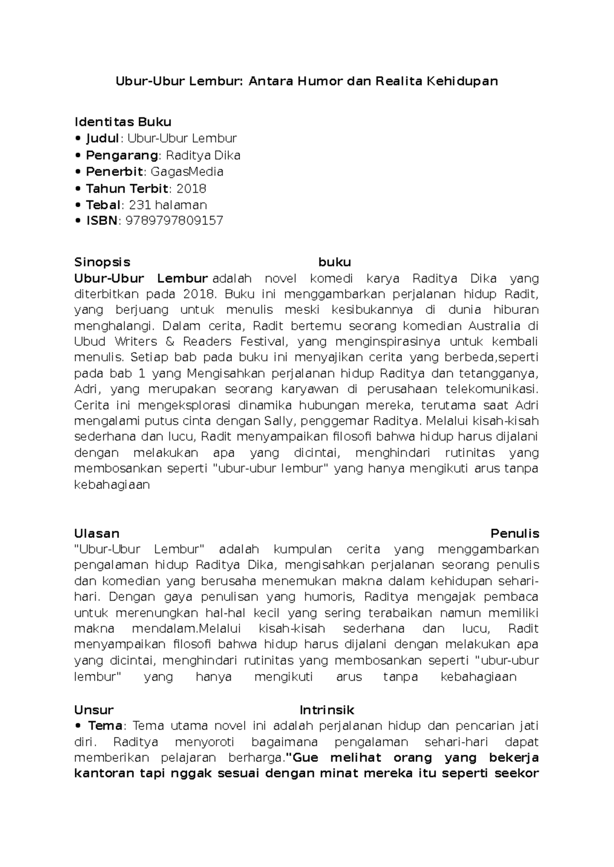 teks resensi buku novel - Ubur-Ubur Lembur: Antara Humor dan Realita ...