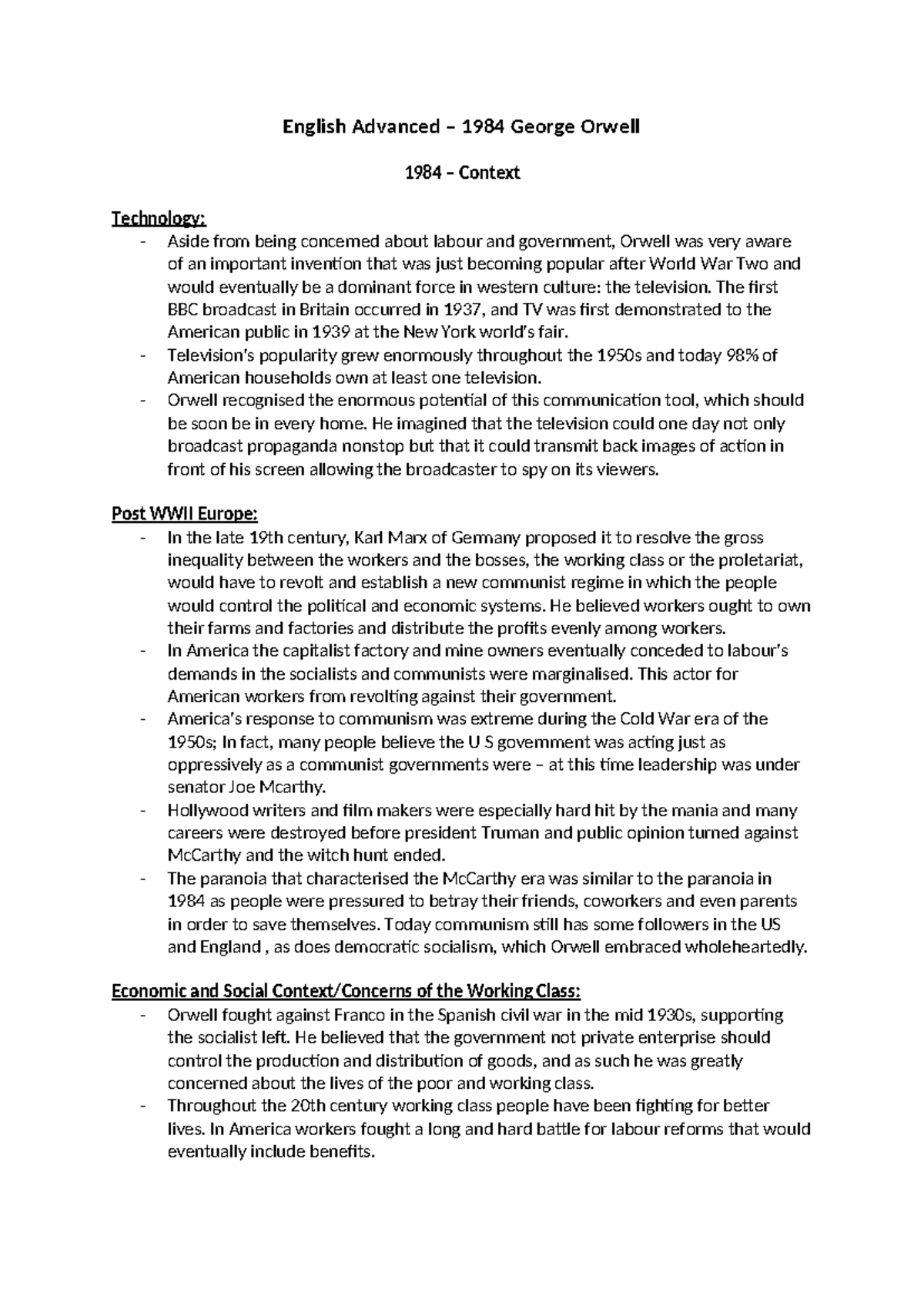 English Advanced – 1984 George Orwell - English Advanced – 1984 George ...