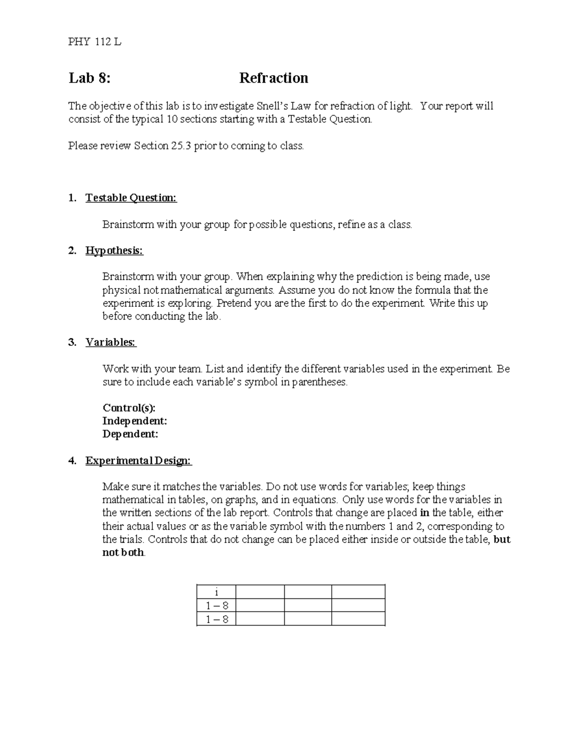 Phy112l Lab08 Refraction 3 - Lab 8: Refraction The objective of this lab is to investigate Snell ...