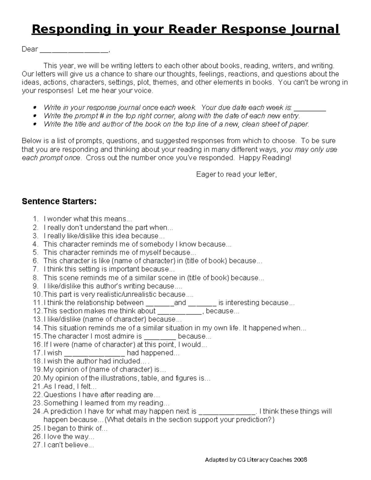 100 Reader Response Prompts - Responding in your Reader Response ...