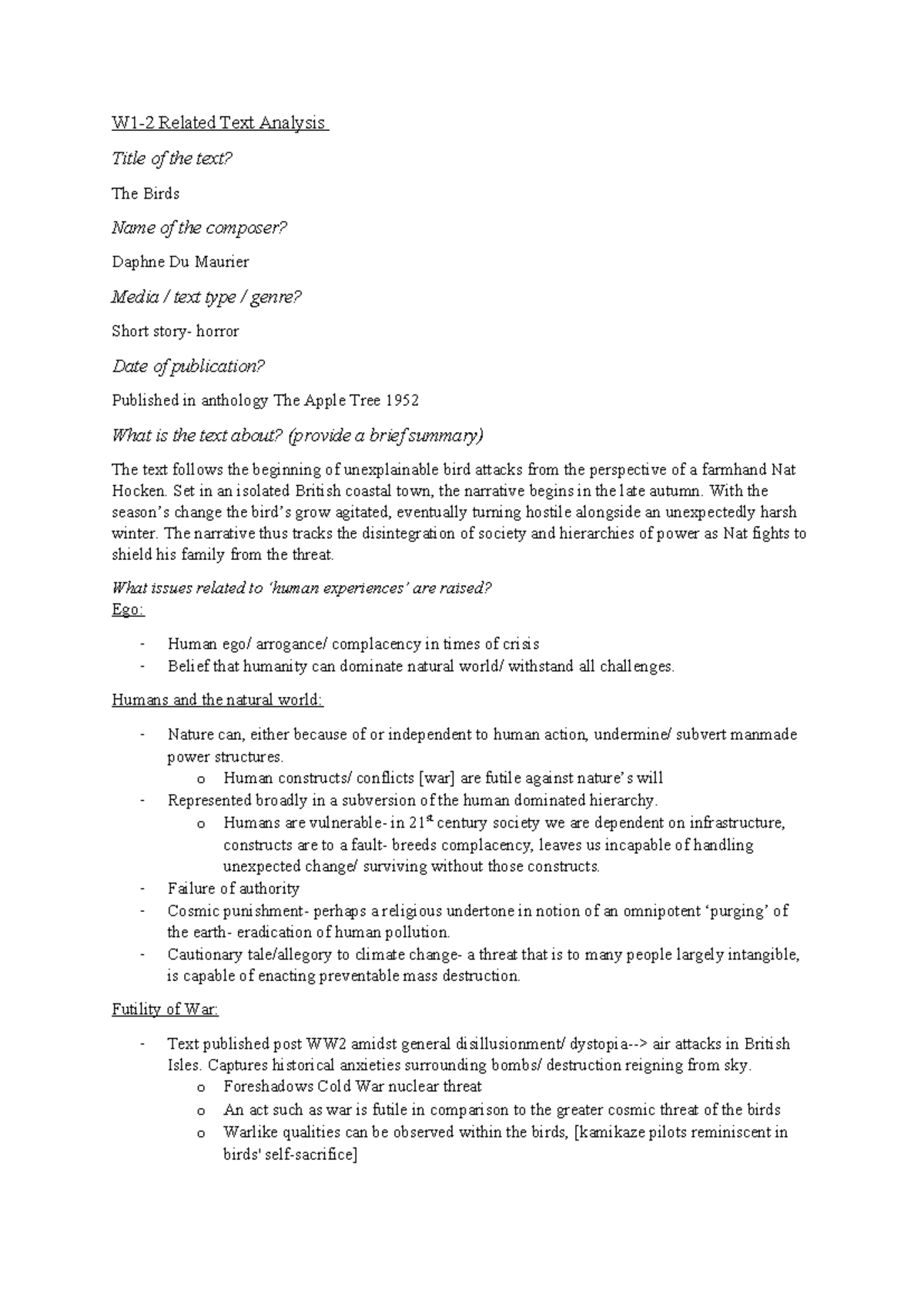 Daphne Du Maurier The Birds - W1-2 Related Text Analysis Title of the ...