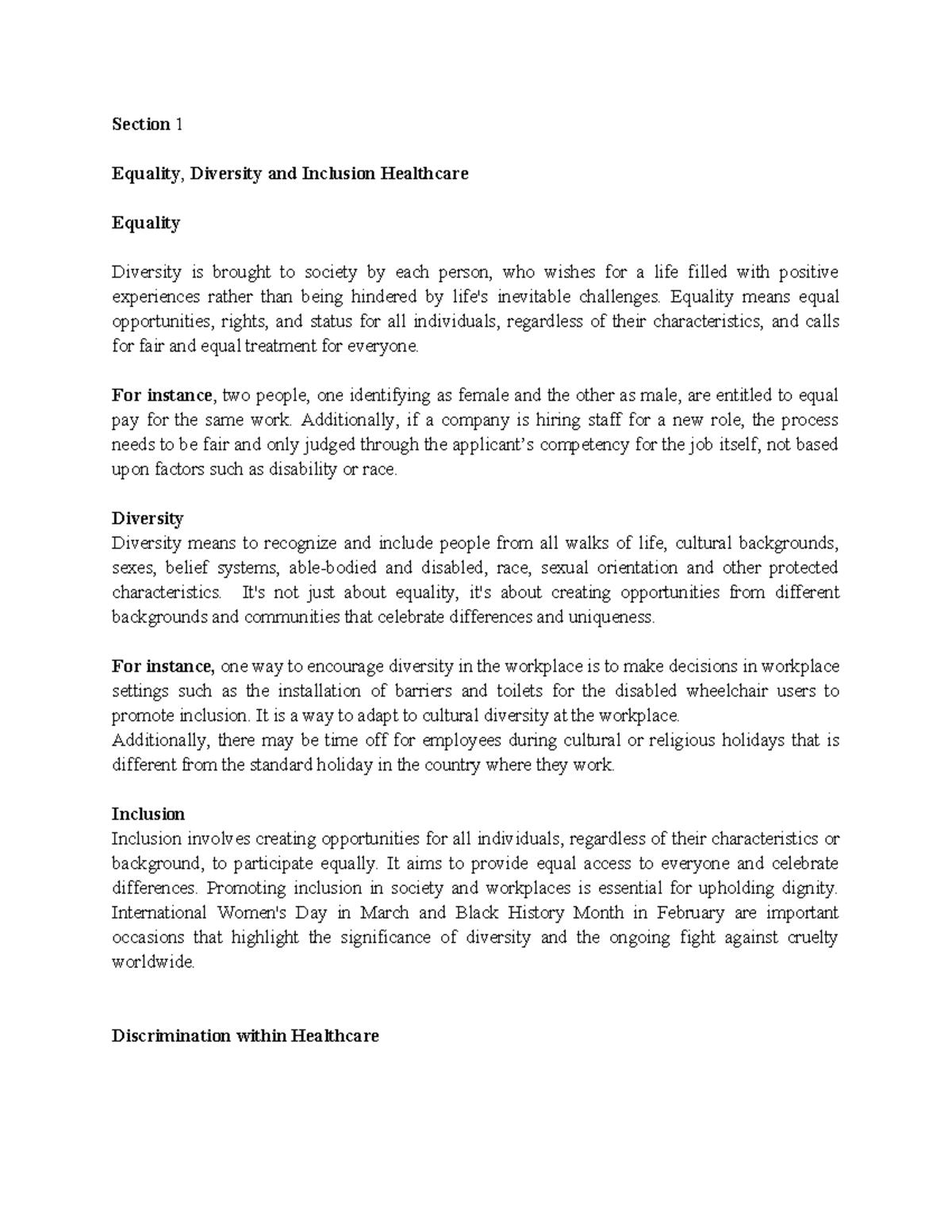 UNIT 6 Assignment final draft - Section 1 Equality, Diversity and ...