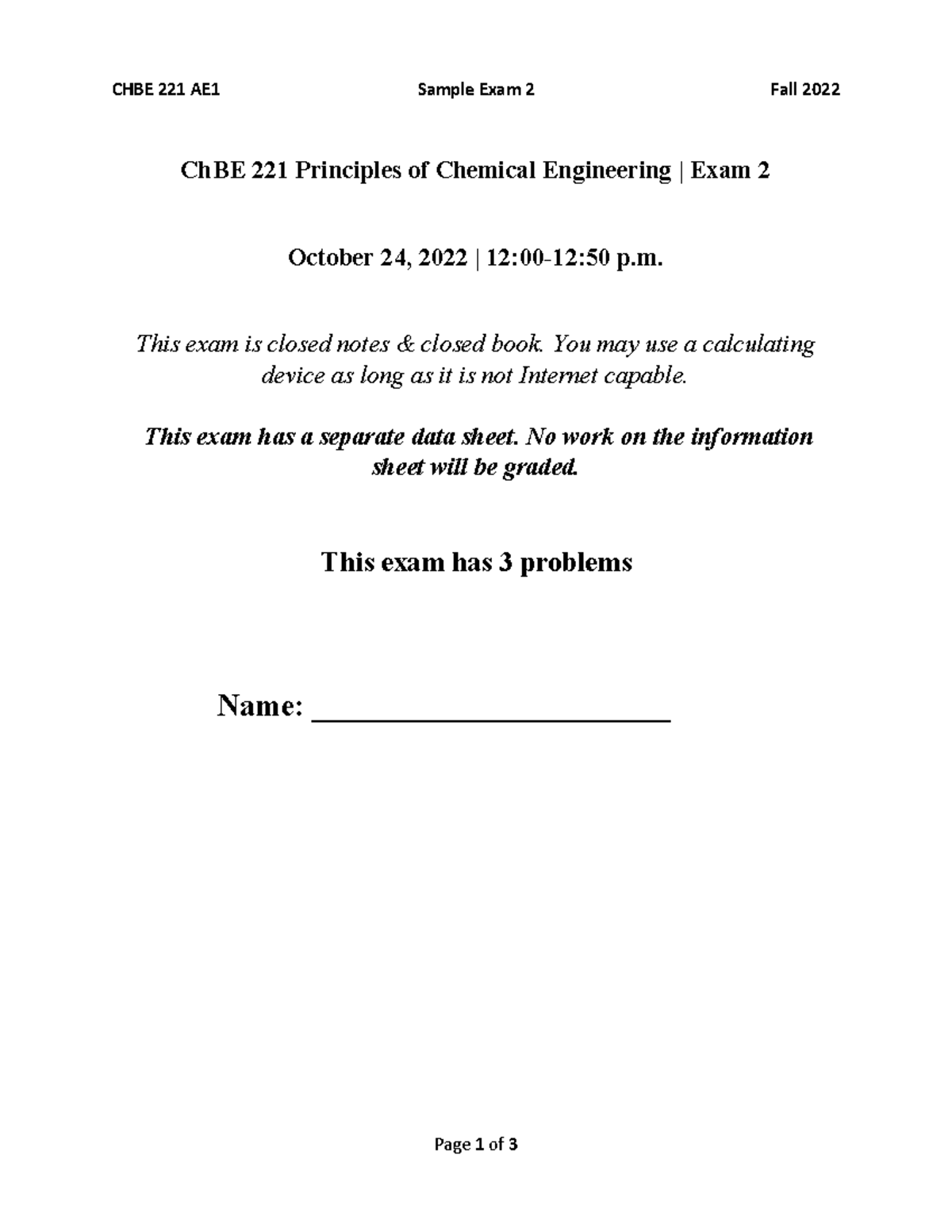 Chbe221 AE1 f2022 sample exam2 - CHBE 221 AE1 Sample Exam 2 Fall 2022 ...