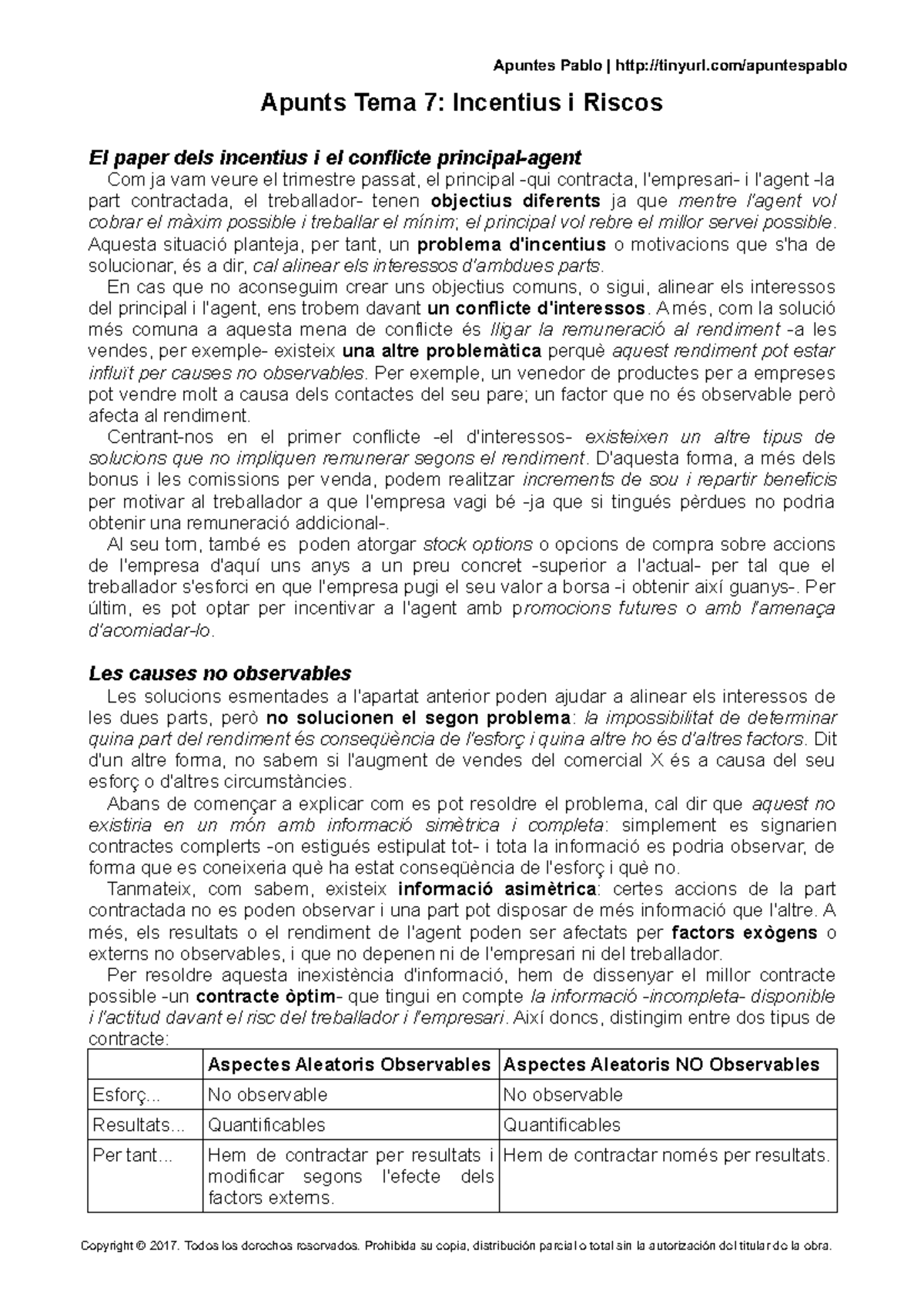 Apunts Economia Empresa 2T (T7-T12) - Apunts Tema 7: Incentius i Riscos El paper dels incentius ...
