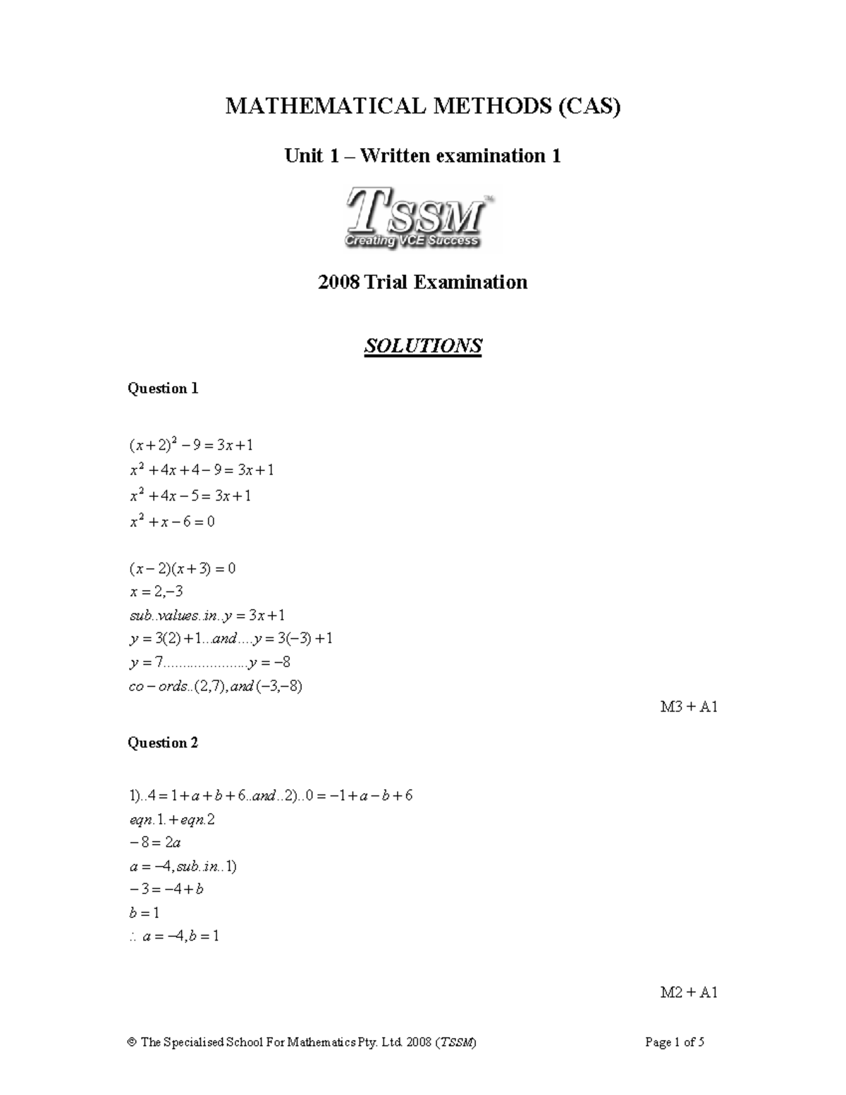 2008 tssm cas unit 1 exam 1 solutions - MATHEMATICAL METHODS (CAS) Unit ...