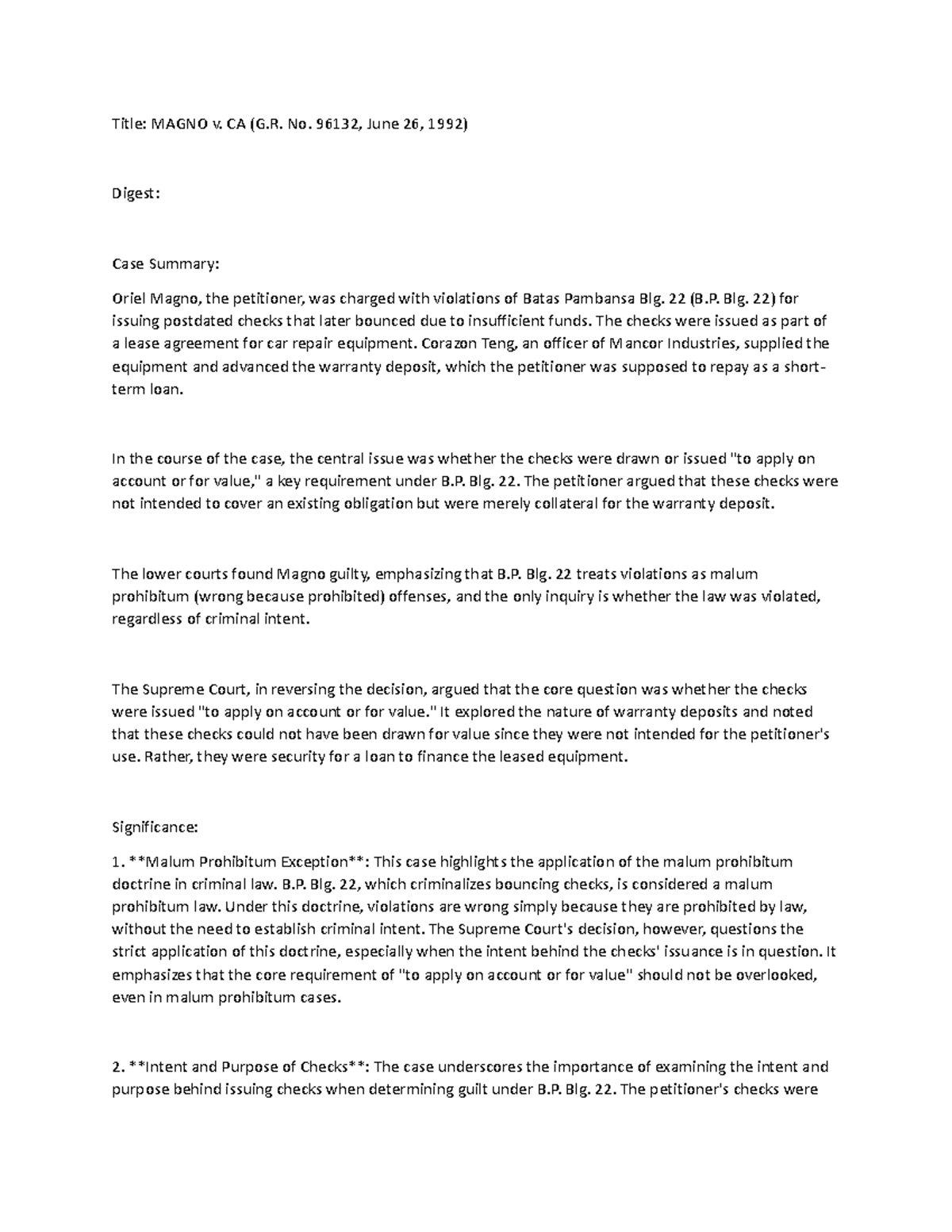 CASE 25 - Magno v. CA - CRIM 1 - Title: MAGNO v. CA (G. No. 96132, June ...