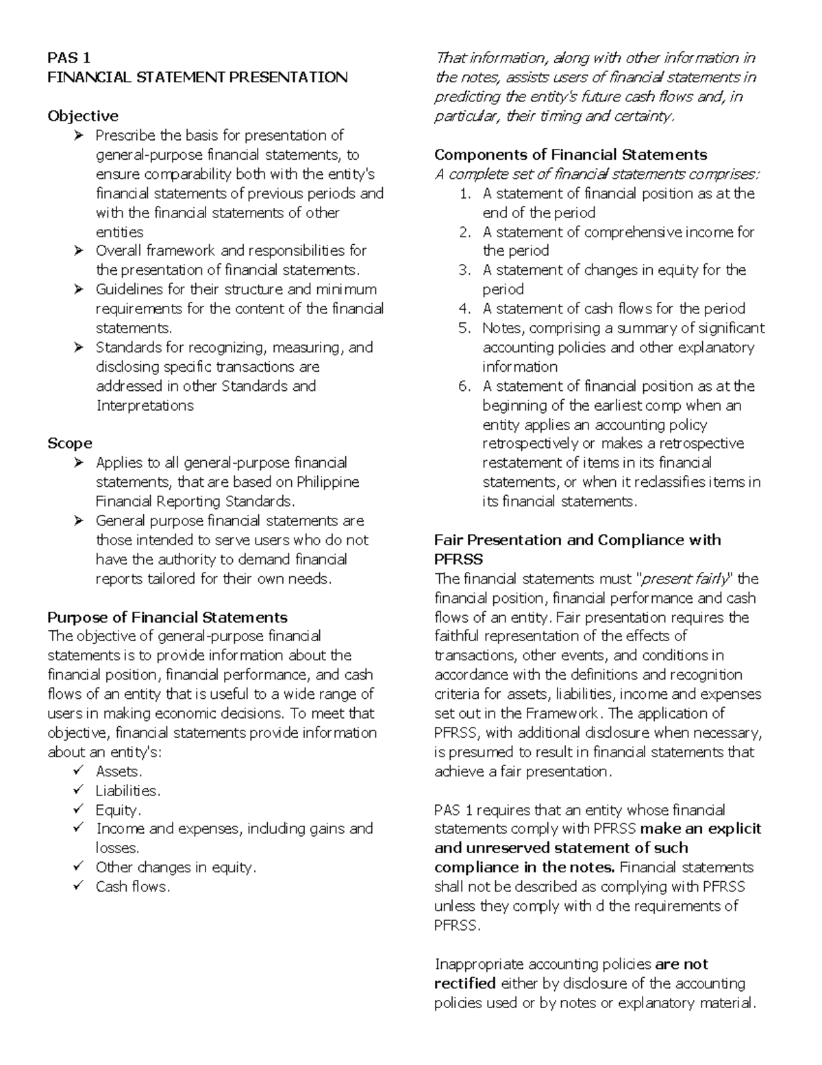 PAS 1 - Lecture notes 1,3-2 - PAS 1 FINANCIAL STATEMENT PRESENTATION ...