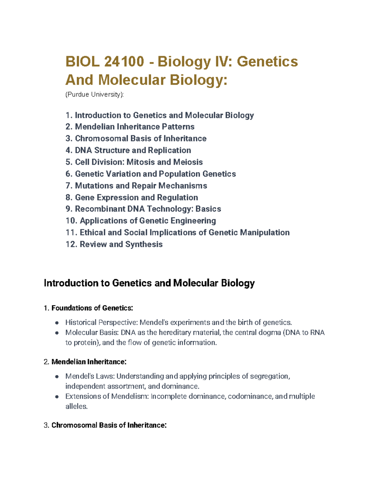 BIOL 24100 - Biology IV Genetics And Molecular Biology - BIOL 24100 - Biology IV: Genetics And ...