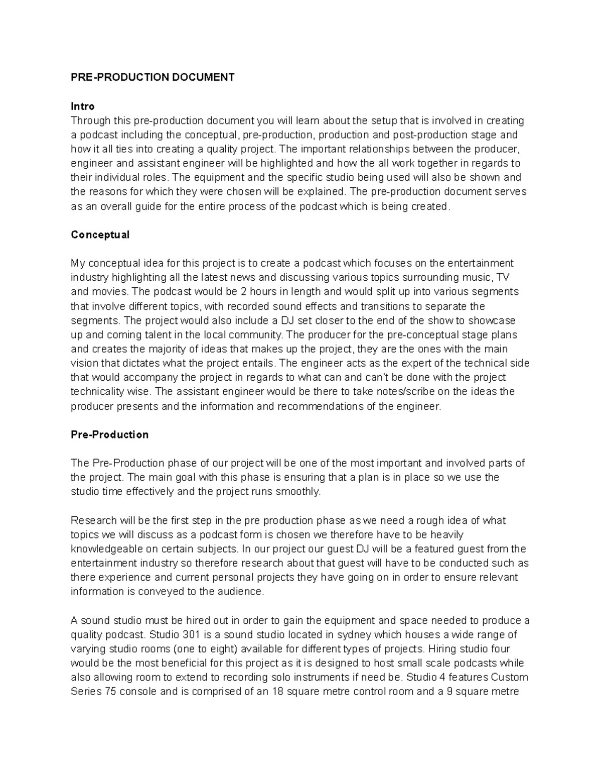 Pre Production Document - PRE-PRODUCTION DOCUMENT Intro Through this ...