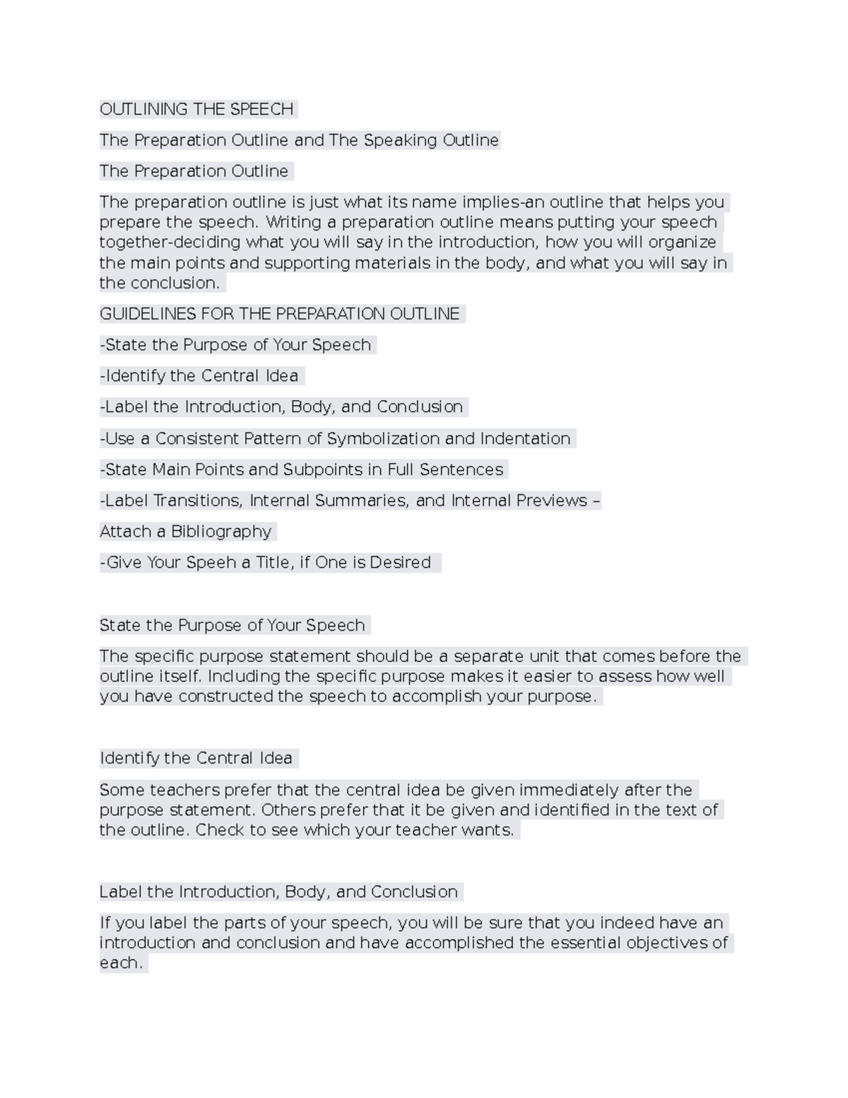 Mid Outlining THE Speech - OUTLINING THE SPEECH The Preparation Outline ...