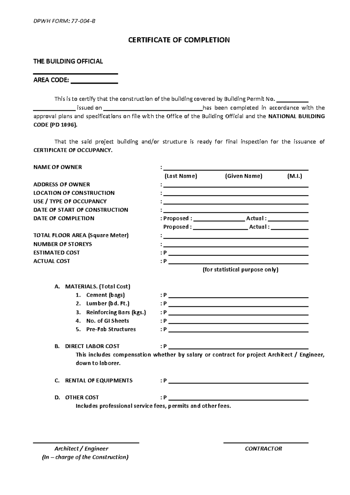 DPWH FORM - Cert. Of Completion Form - DPWH FORM: 77- 004 - B ...