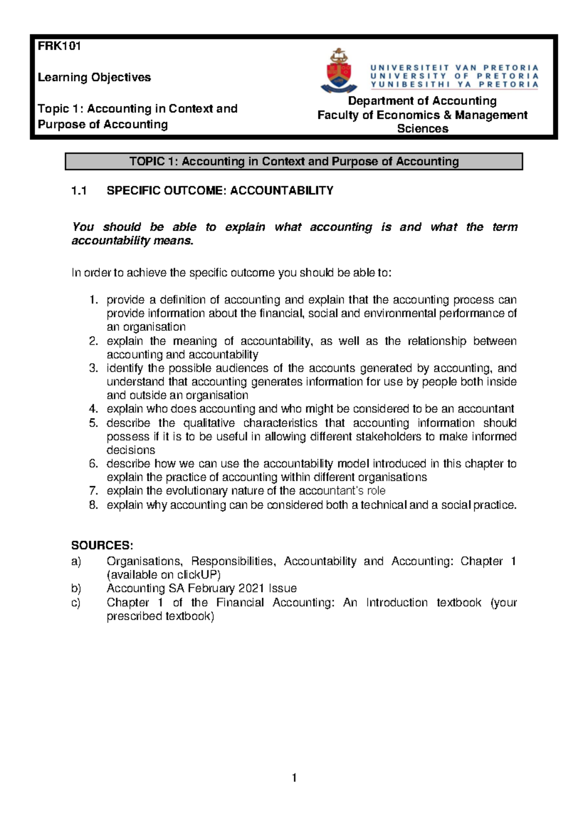 Basic Principles of Accounting Learning Outcomes - 1 TOPIC 1 ...