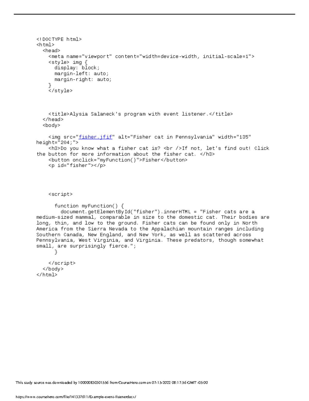 Example event listener - img { display: block; margin-left: auto; margin-right: auto; } - Studocu