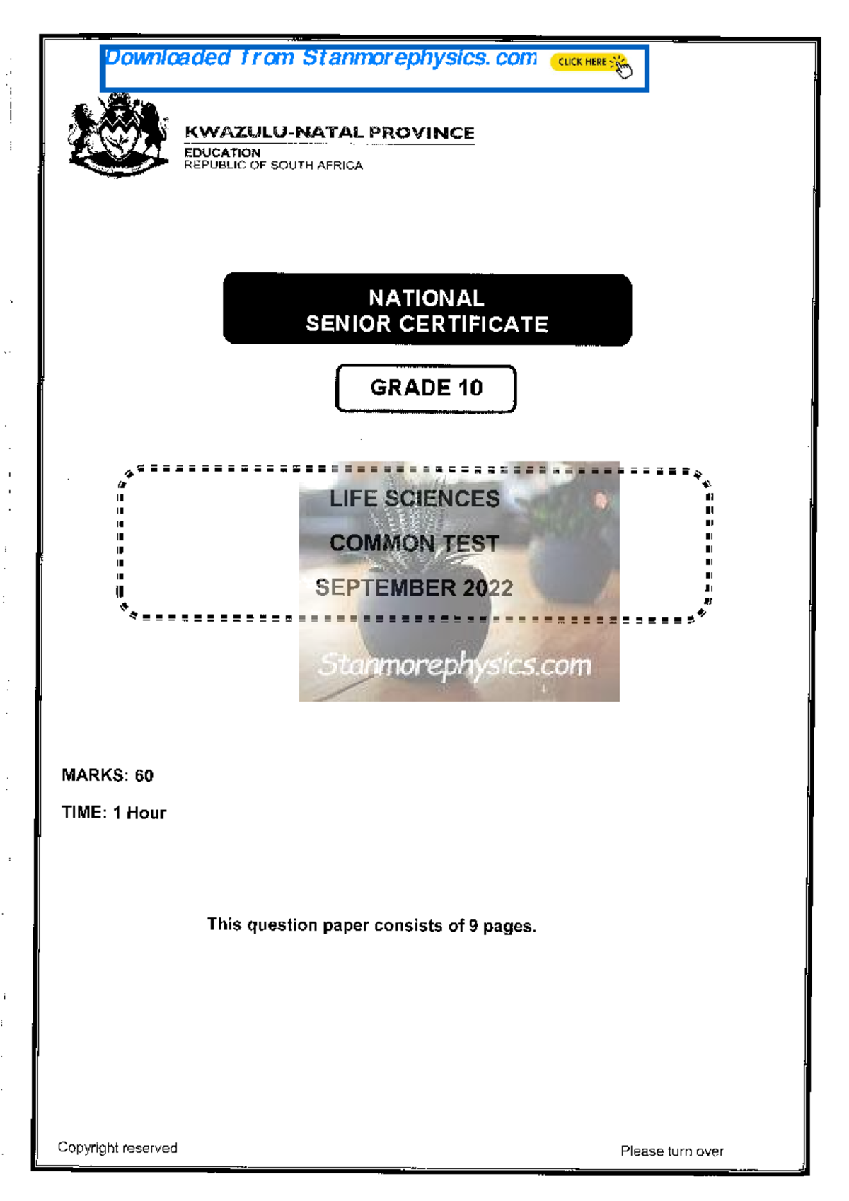 Life Sciences Grade 10 SEPT 2022 P1 only - Studocu