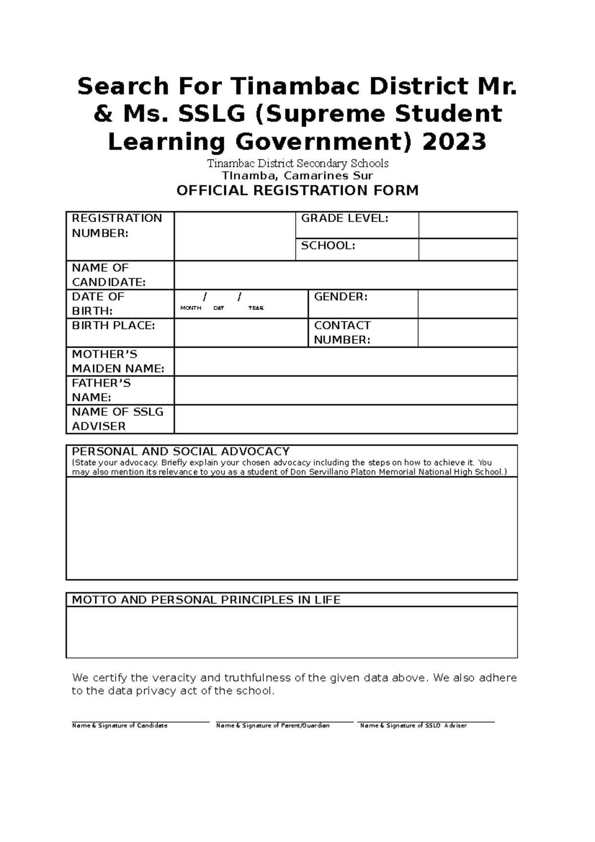 Mr and ms sslg registration and monitoring form - Search For Tinambac ...