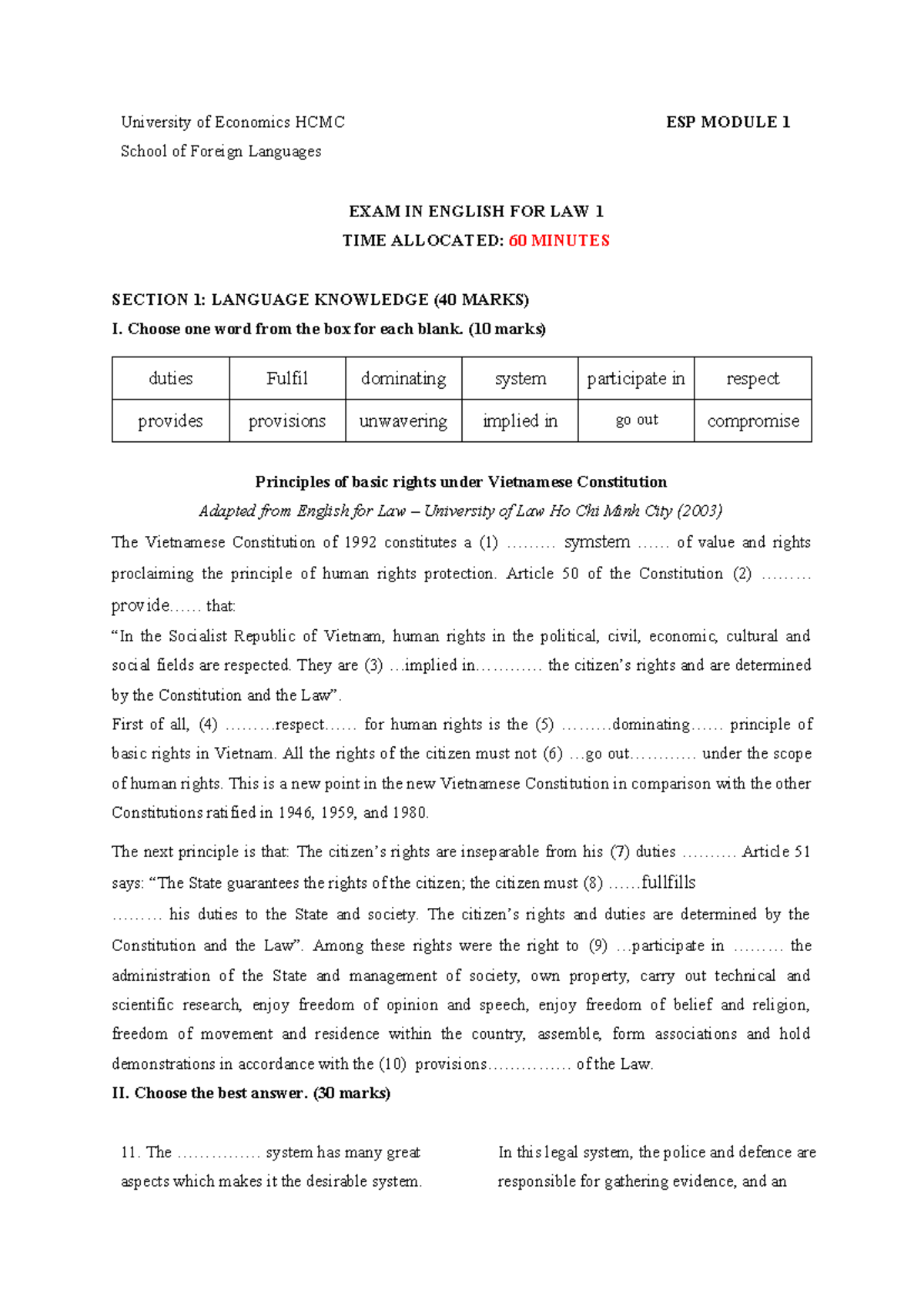 ESP1 - English FOR LAW - Sample TEST - University of Economics HCMC ...