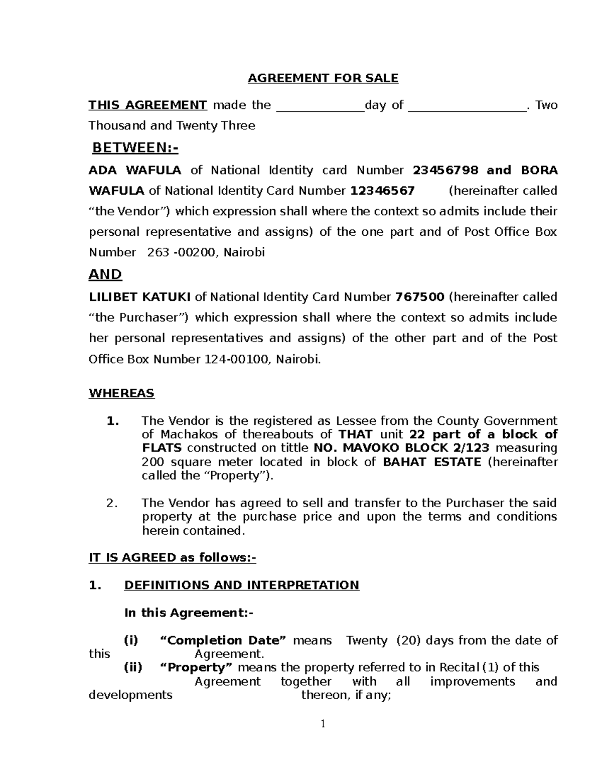 Agreement FOR SALE Sample 2 - AGREEMENT FOR SALE THIS AGREEMENT made ...