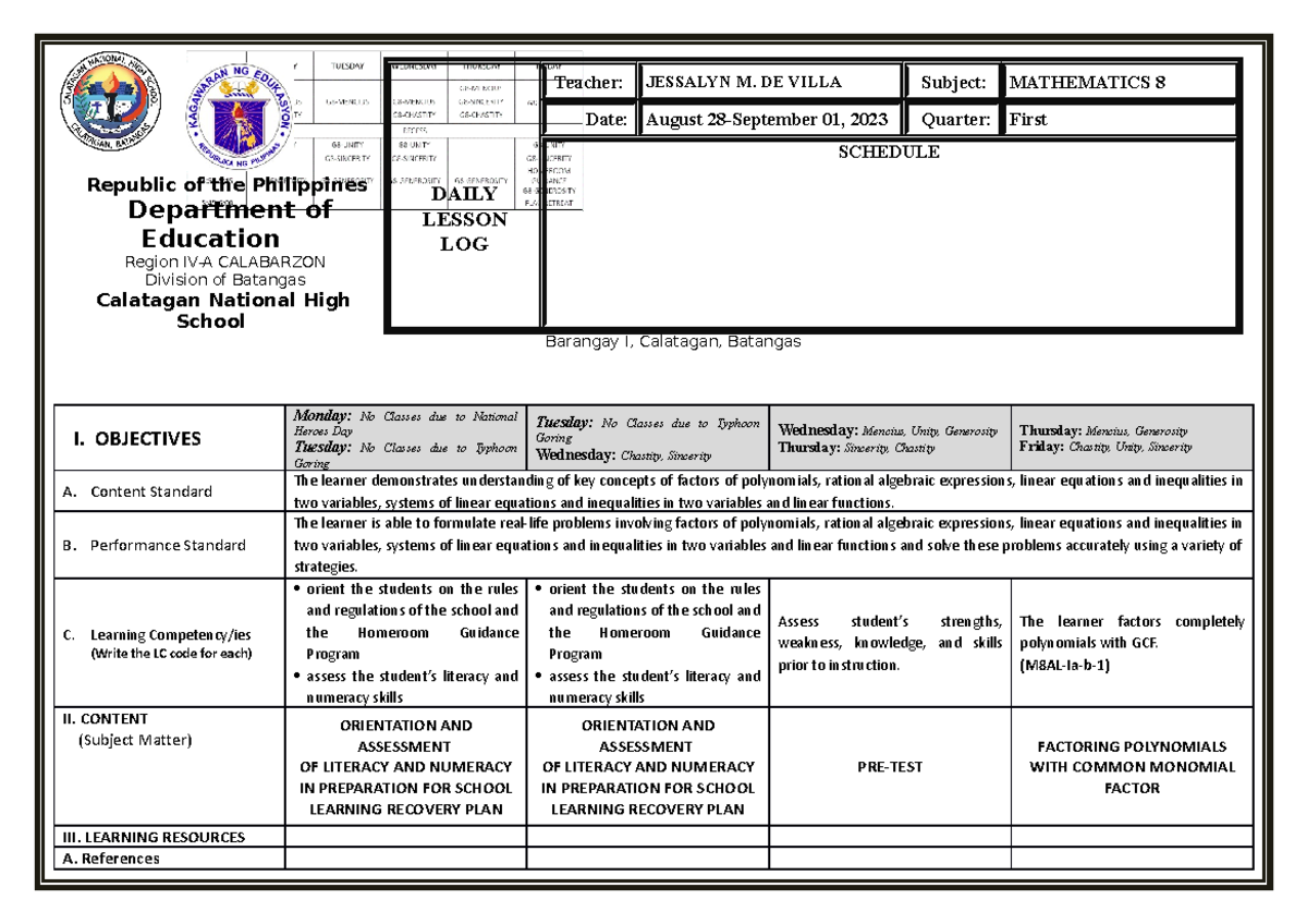 WEEK 1 - daily lesson log - Republic of the Philippines Department of ...