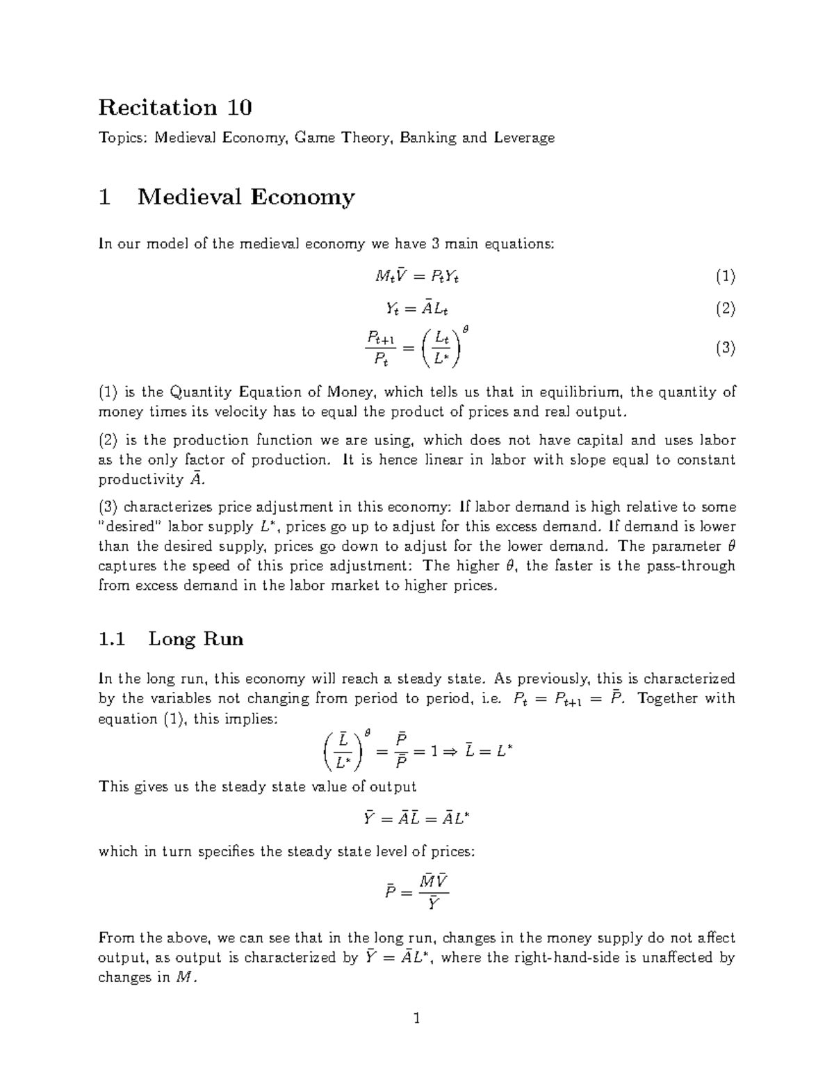 10 Medieval Economy, Game Theory Static Games - Recitation 10 Topics ...