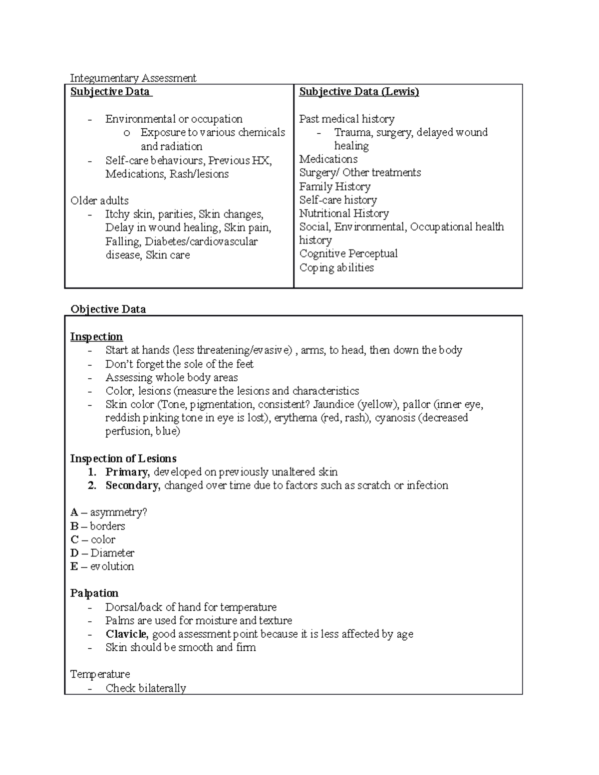 Integumentary Assessment - CNUR107 and 203 - Integumentary Assessment ...