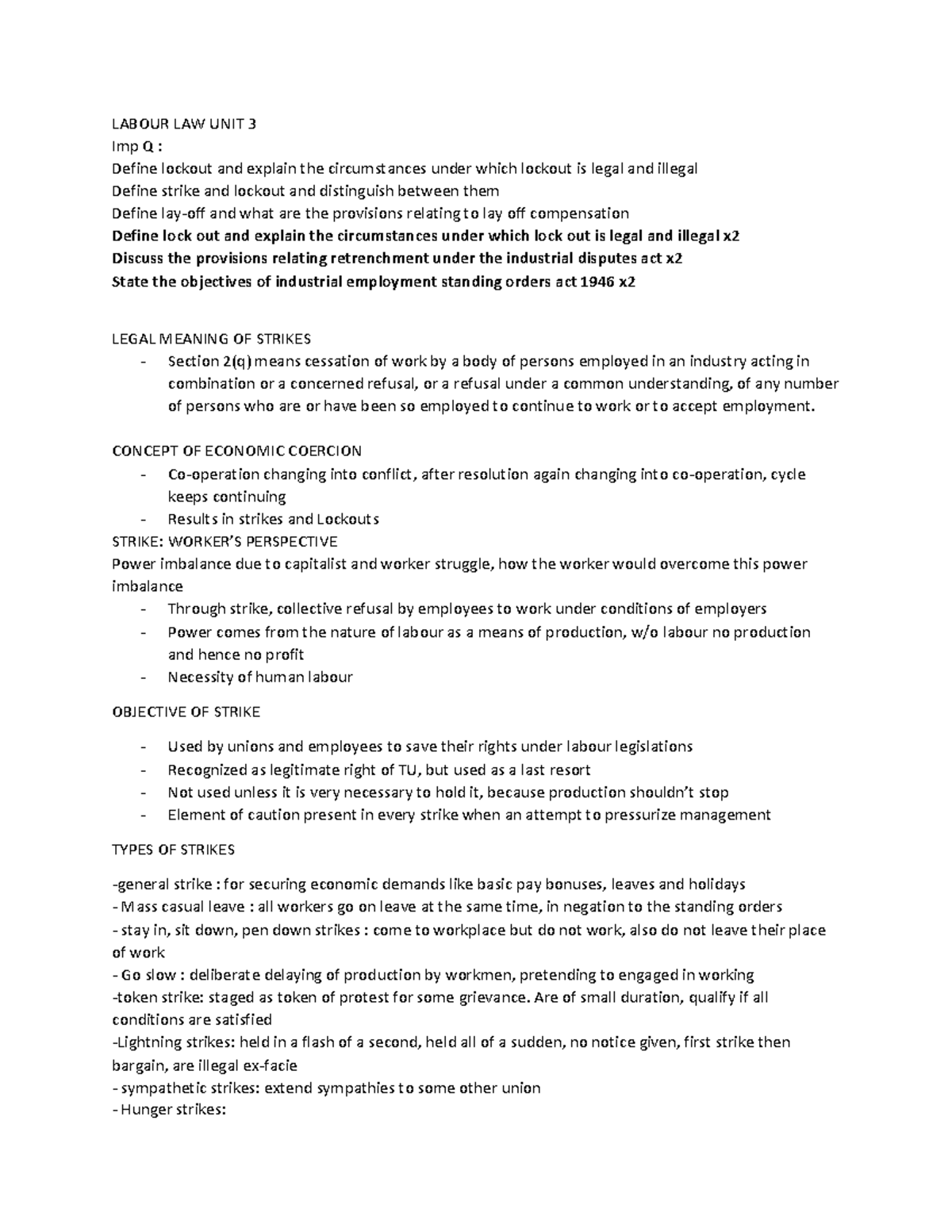 Labour Law unit 3 - eee - LABOUR LAW UNIT 3 Imp Q : Define lockout and ...