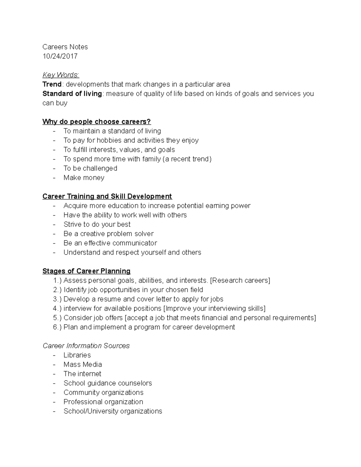 Careers Notes - Careers Notes 10/24/ Key Words: Trend: developments ...