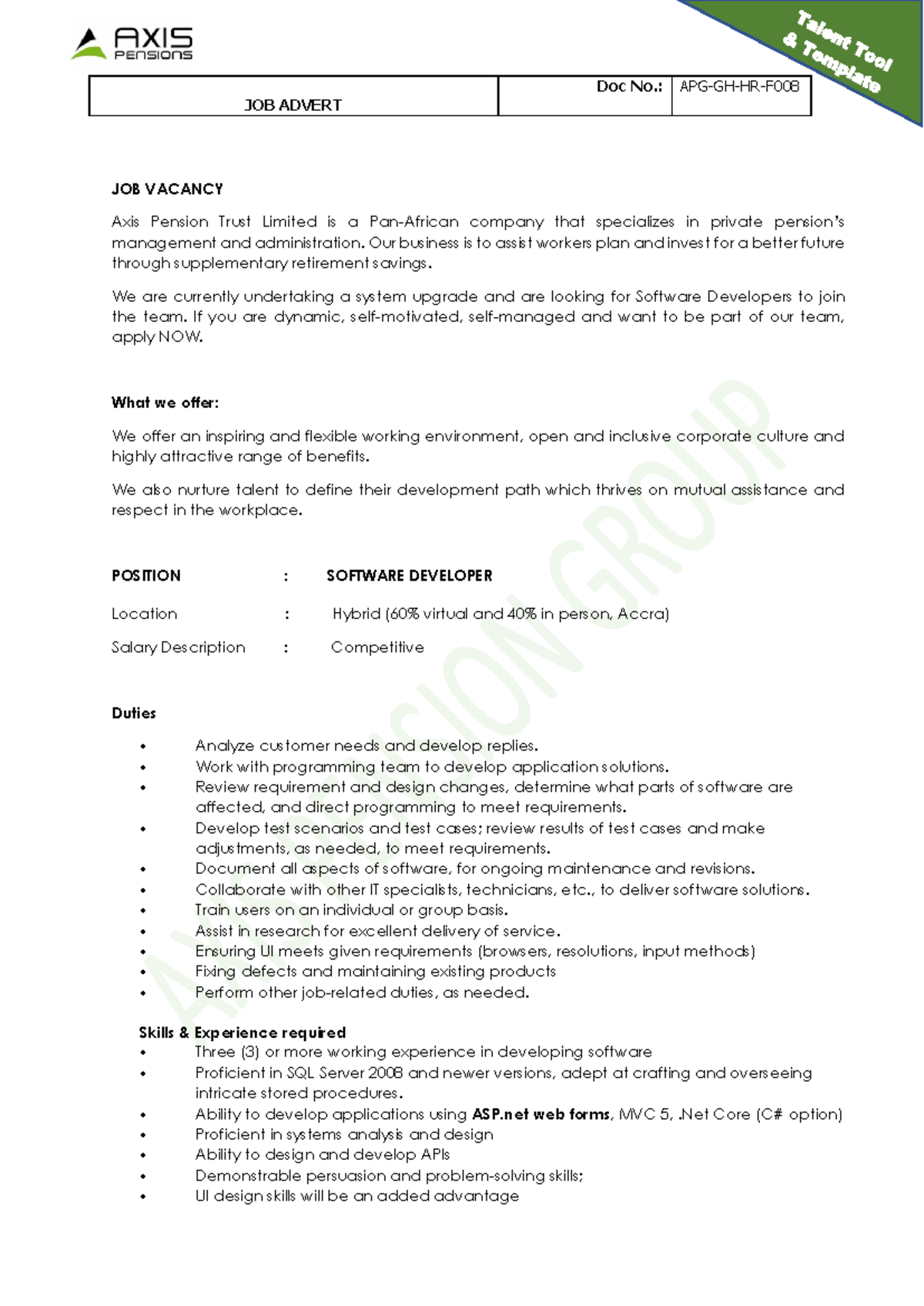 JOB Vacancy- Software Developer - 0102IT2024 - JOB ADVERT Doc No.: APG ...