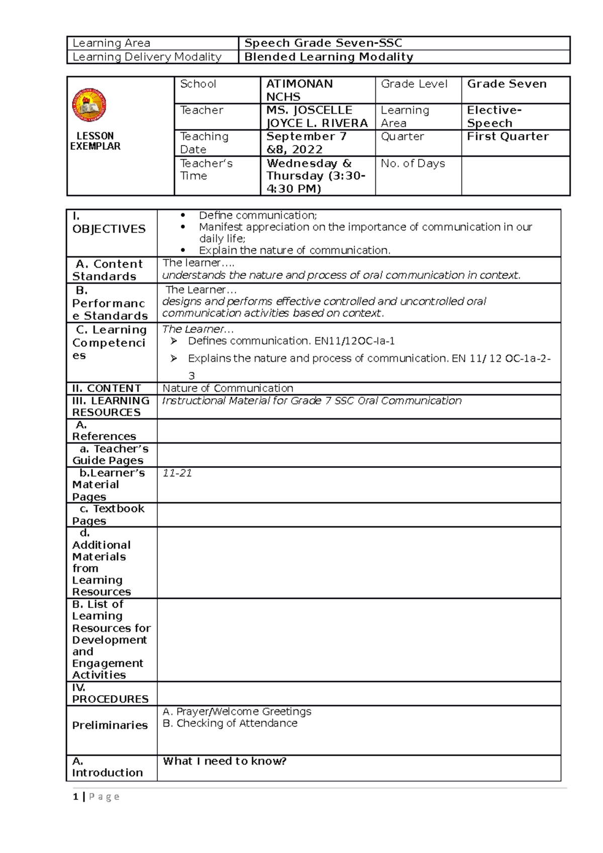 First Q- Lesson Exemplar G7 SSC Speech Sept 7-Sept - Learning Area ...