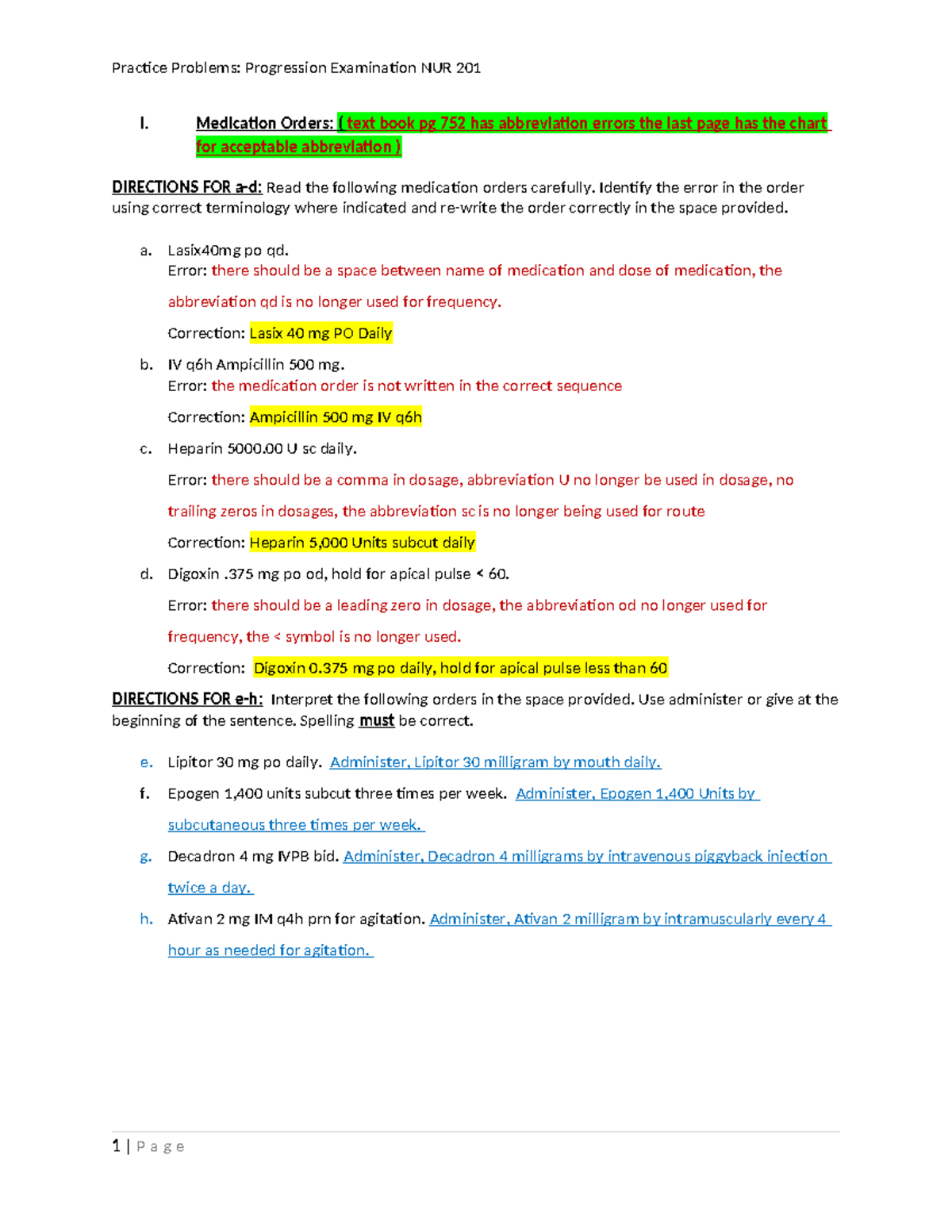 Practice Problems-pharm solutions - I. Medication Orders: ( text book ...