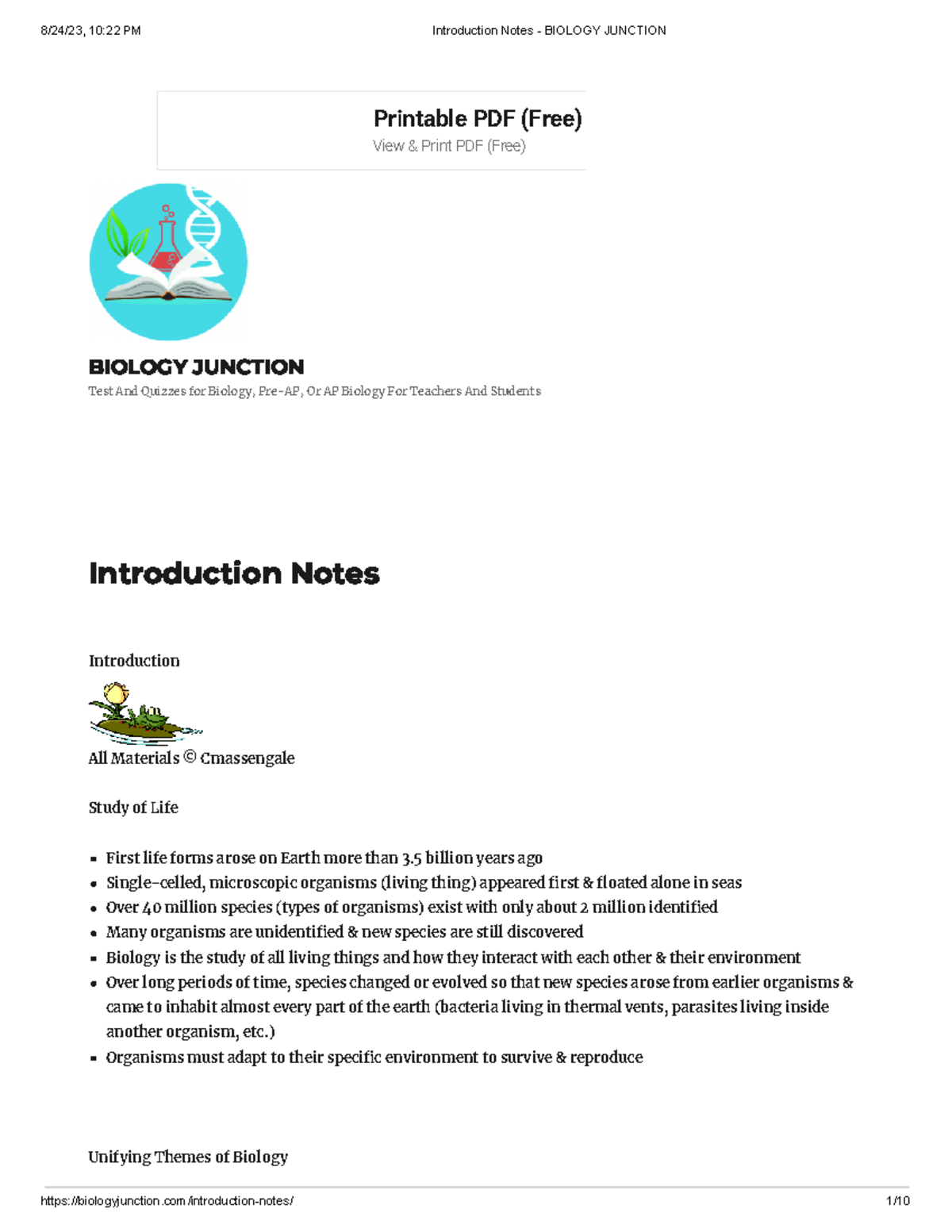Introduction Notes - Biology Junction - BIOLOGY JUNCTION Test And ...