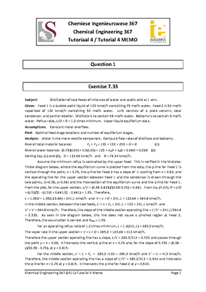 CE367 Tutorial 2 memo - Chemical Engineering CE367: Tutorial 2 Chemiese Ingenieurswese CI367 ...