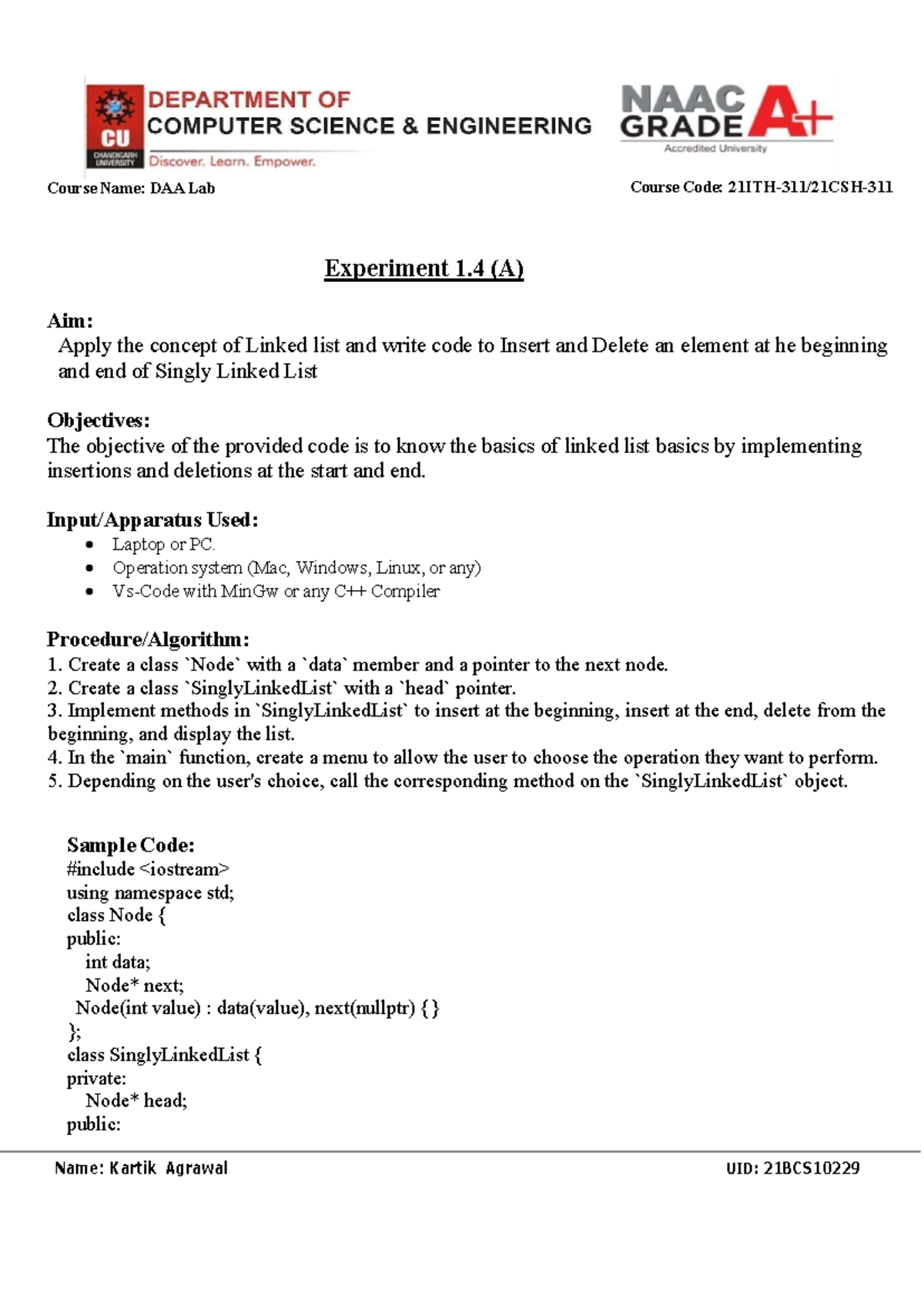 DAA Worksheet 1 - Experiment 1 (A) Aim: Apply the concept of Linked ...