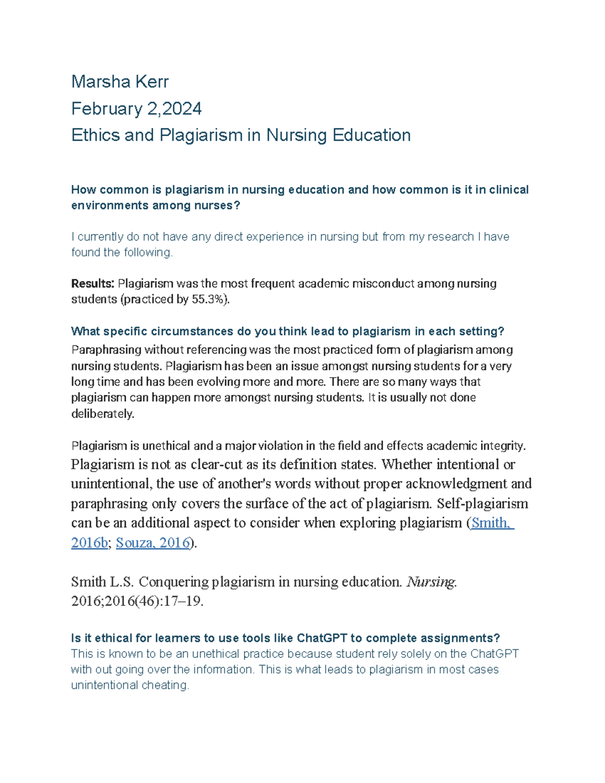 Week4 - Week 4: Assignment - CONCEPT WORKSHEET: Ethics and Plagiarism ...