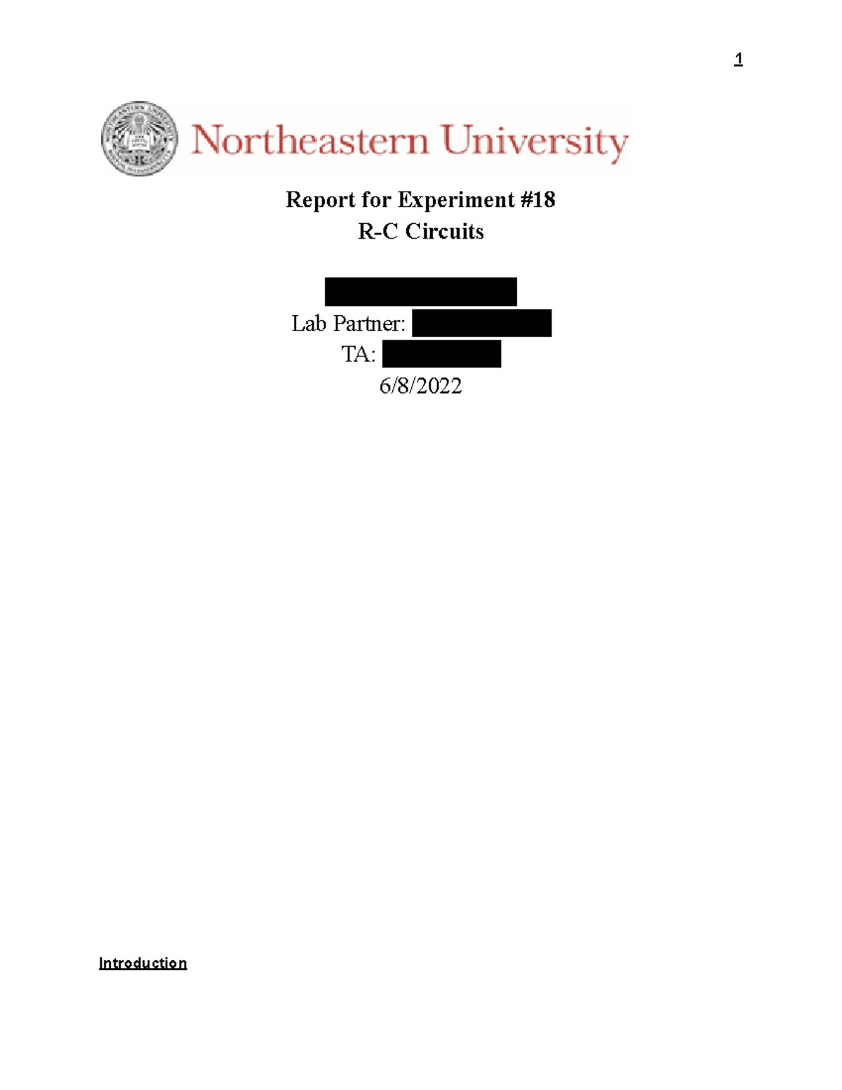 Report for Experiment #18 - Report for Experiment R-C Circuits Laura Carabelaian Lab Partner ...