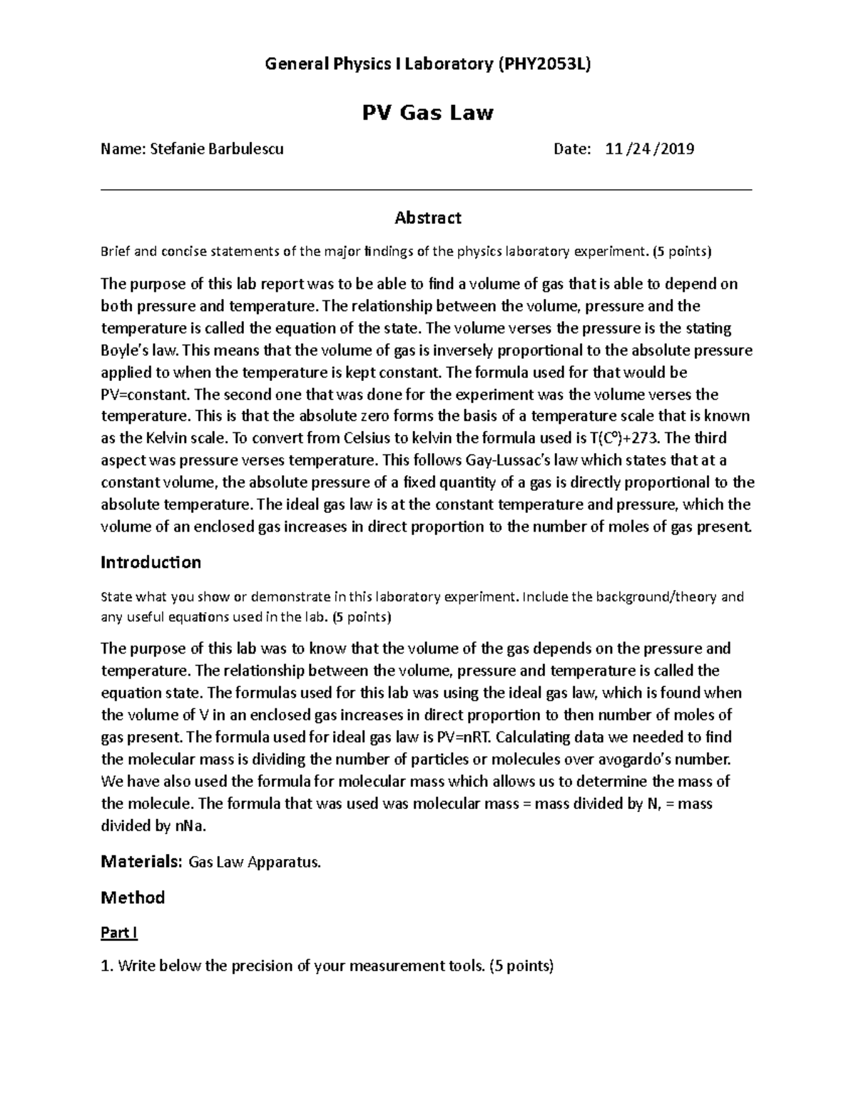 Gas law lab - labs for physics one - General Physics I Laboratory ...