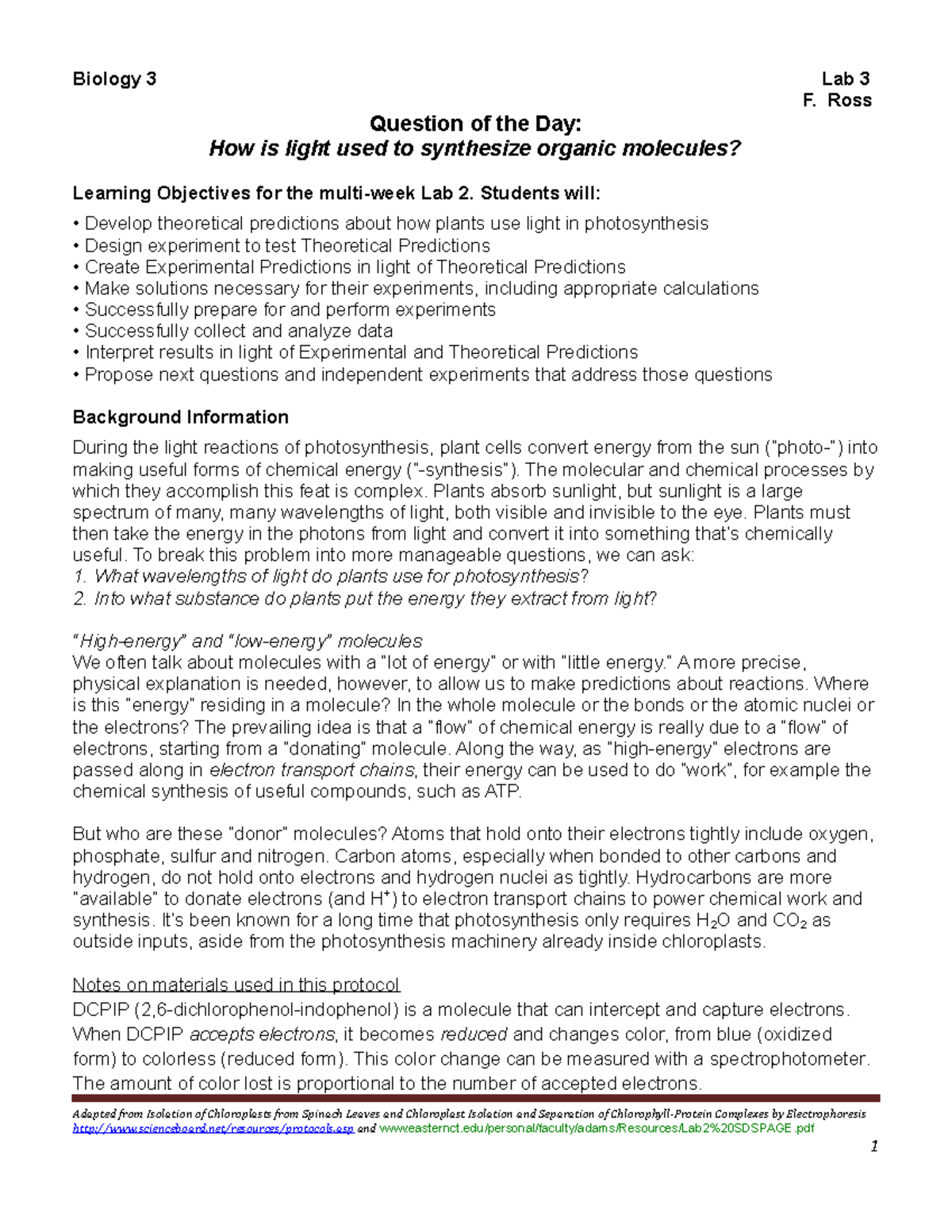 Bio3 Lab 3 guidelines - notes - Biology 3 Lab 3 F. Ross Question of the ...