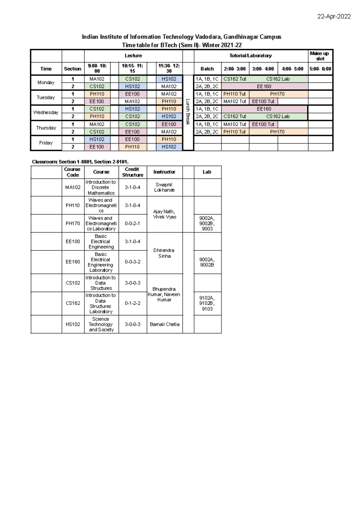 BTech SEM II Time table Winters 2021-22 for Information Technology ...