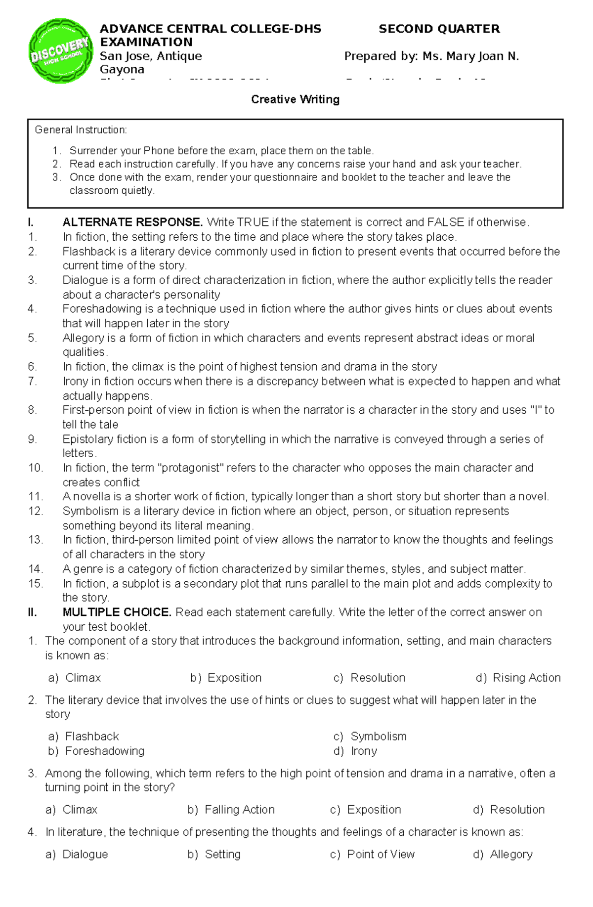 Creative Writing - Quarter 2 - Creative Writing I. ALTERNATE RESPONSE ...