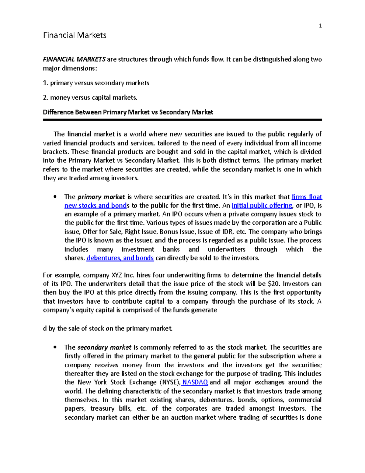 Financial Markets Handouts - 1 Financial Markets FINANCIAL MARKETS are ...